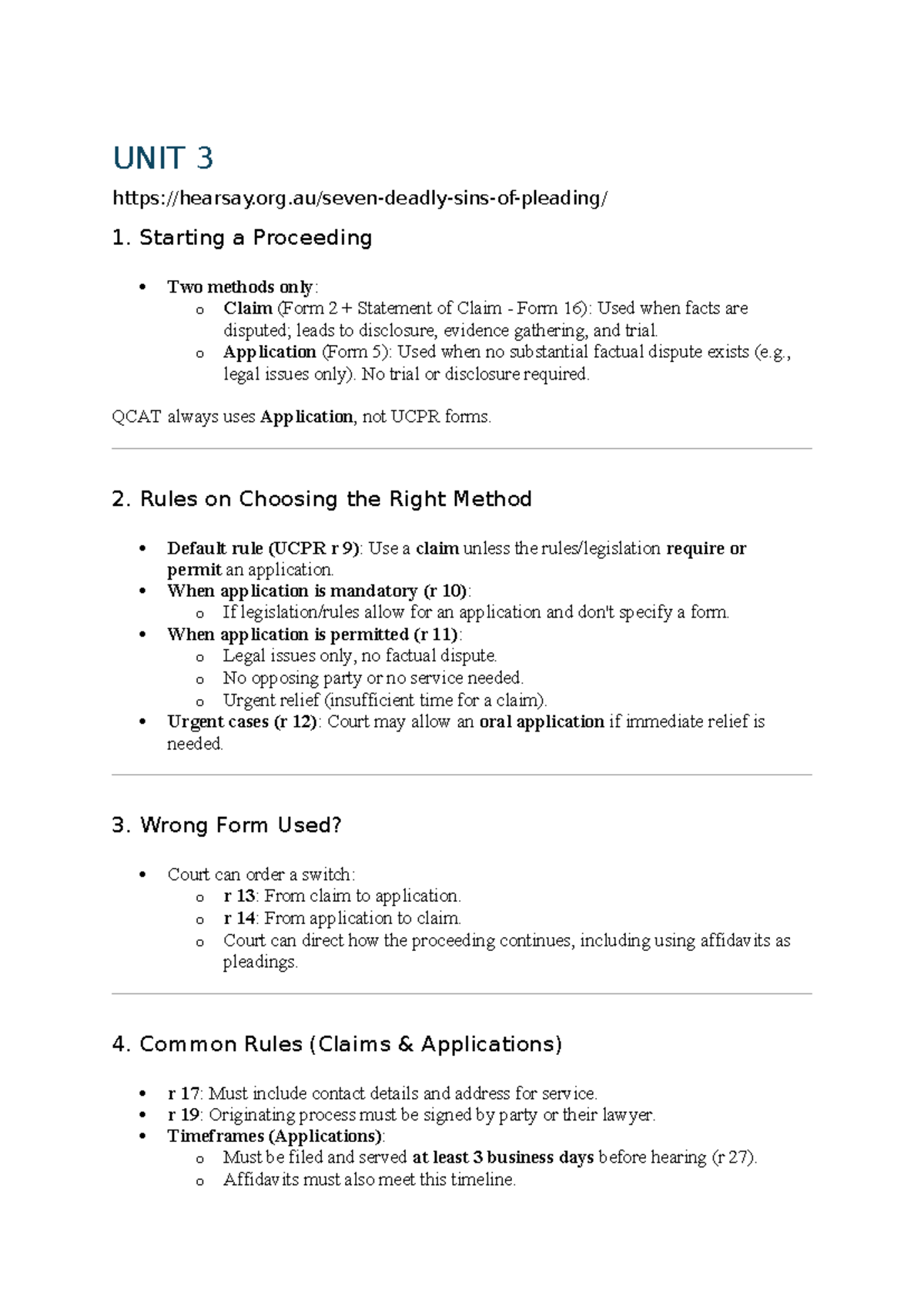 UNIT 3 - Summary of Claim and Application Procedures - Studocu