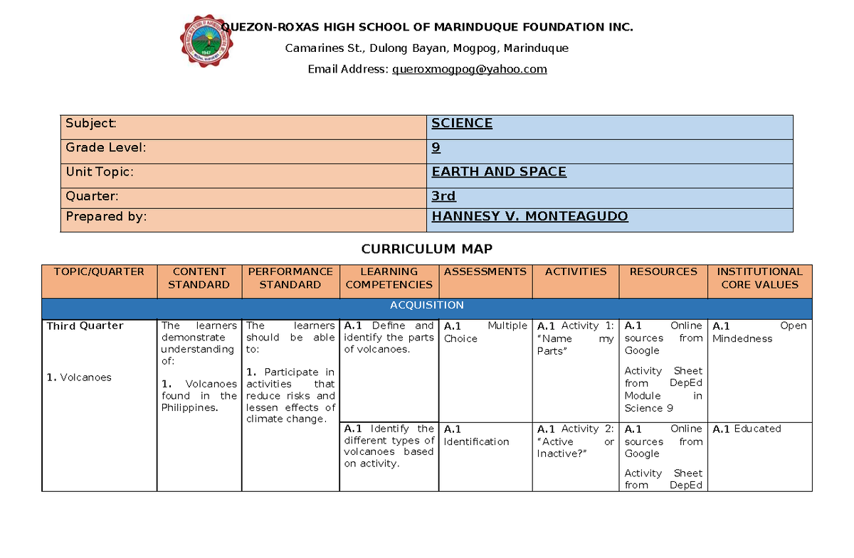 3rd Quarter Curriculum Map for Science 9: Earth and Space - Studocu