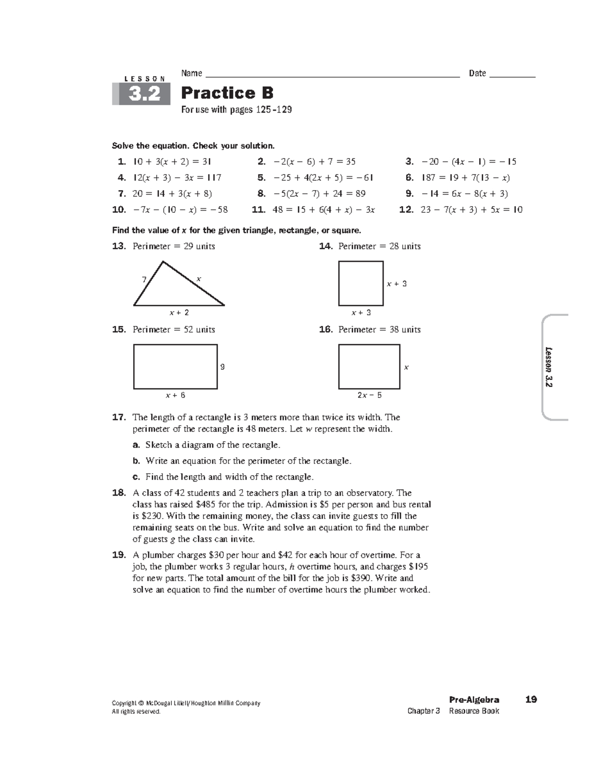 3.2 Practice B - Pre-Algebra Lesson on Solving Equations - Studocu