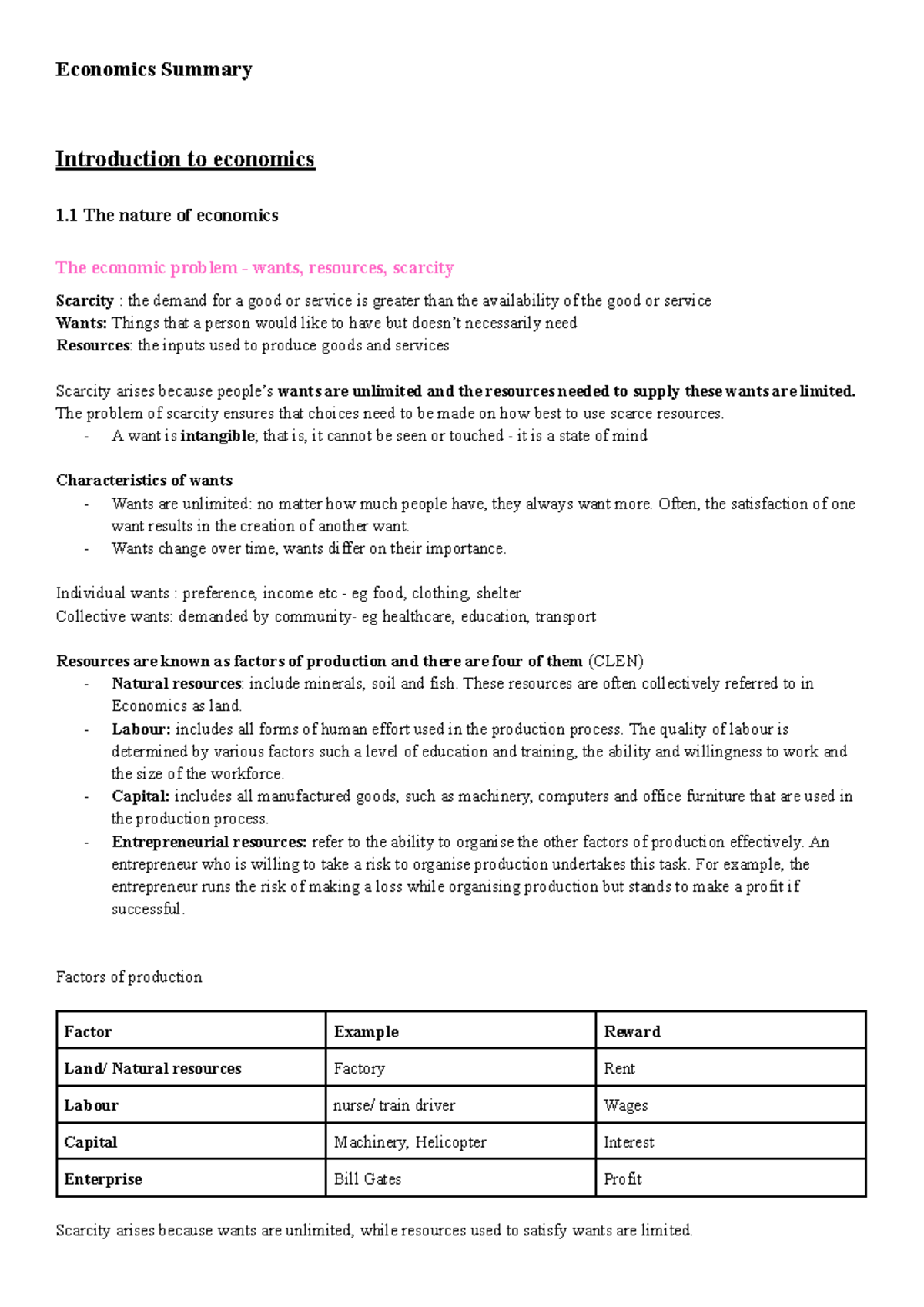 Intro to Eco - Summary of Economic Problems and Scarcity - Studocu
