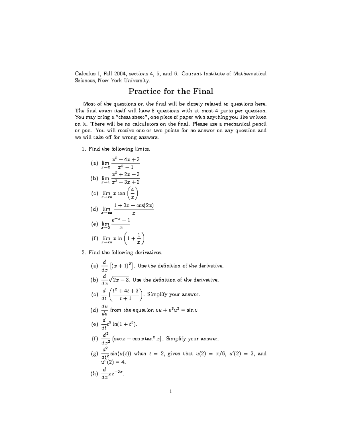 Calculus I, Fall 2004 - Final Exam Practice Questions - Studocu