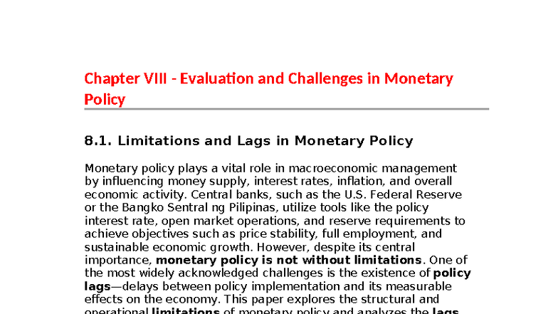 Chapter VIII: Evaluation of Monetary Policy Challenges and Limitations ...