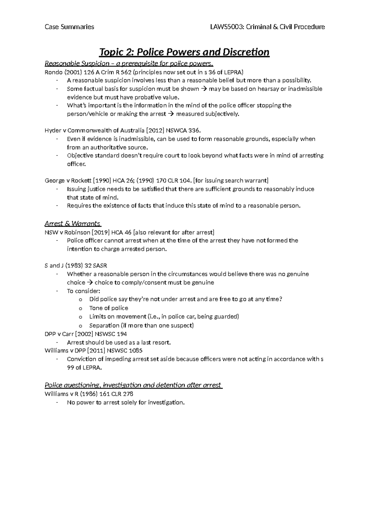 Case Summaries LAWS5003: Criminal Civil Procedure Topics 2-5 Overview ...