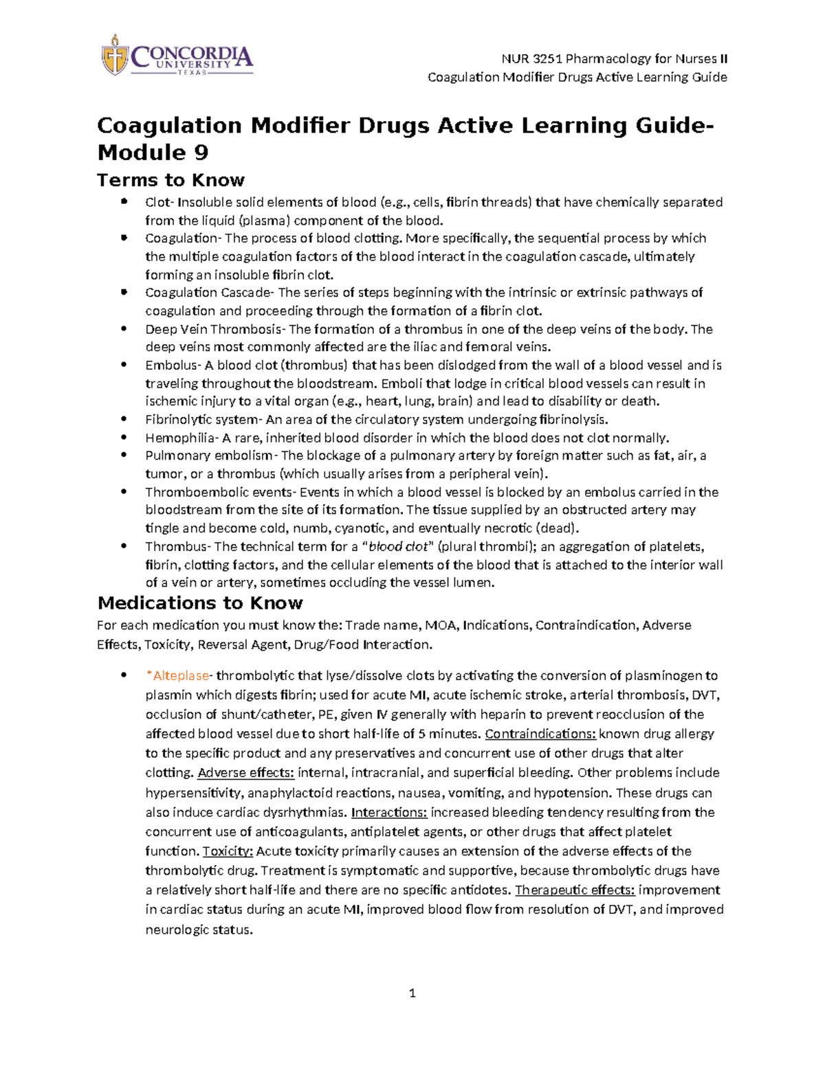 Coagulation Modifier Drugs Active Learning Guide module 9 - Coagulation ...