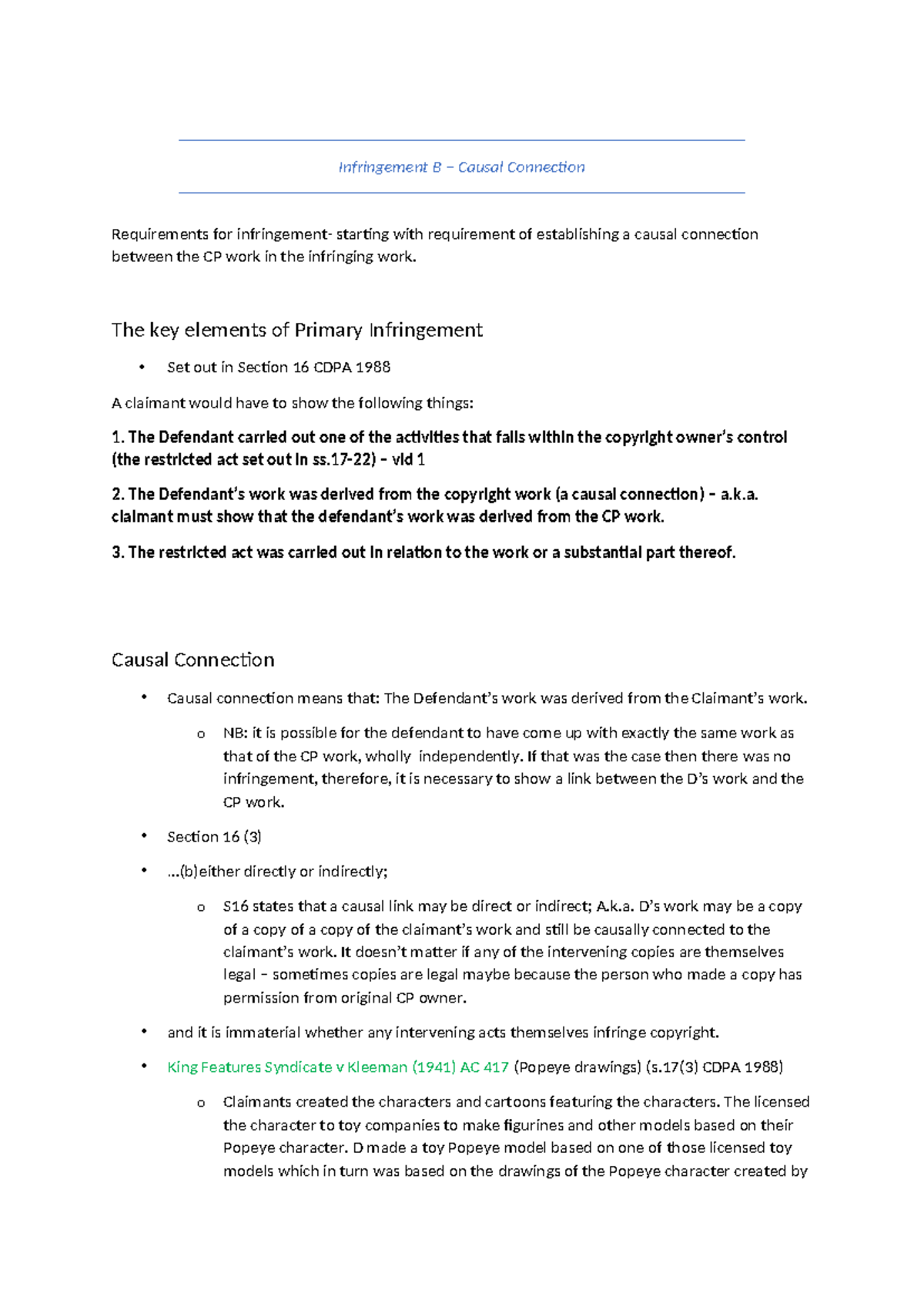 Infringement B: Causal Connection & Primary Infringement - Notes - Studocu