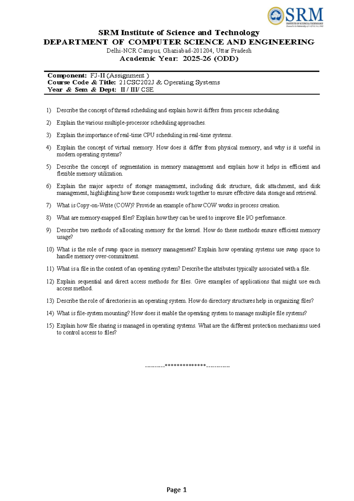 21CSC202J OS Assignment 1: Thread Scheduling & Memory Management - Studocu