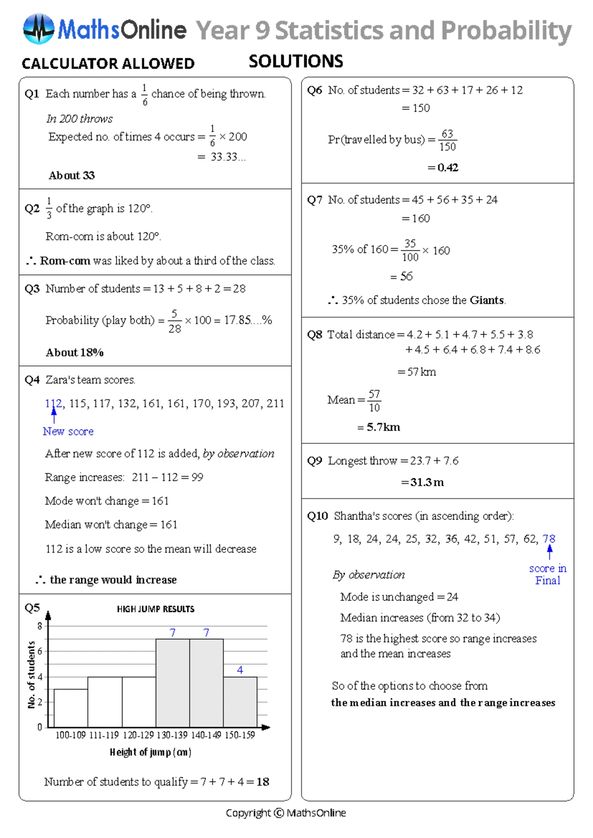 Year 9 MathsOnline Statistics & Probability Non-Calc Solutions - Studocu
