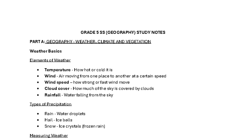 Grade 5 SS (Geography) Study Notes: Weather, Climate & Vegetation - Studocu