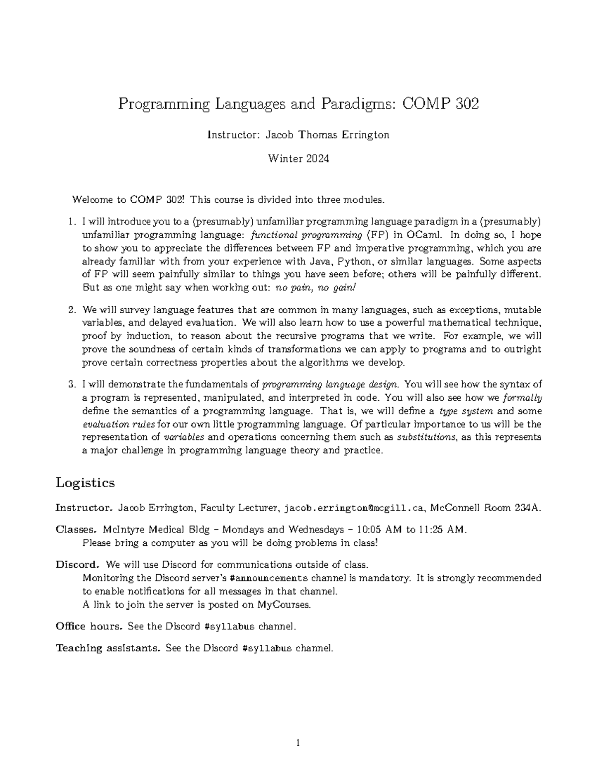COMP 302 - Syllabus for Winter 2024: Programming Languages & Paradigms - Studocu