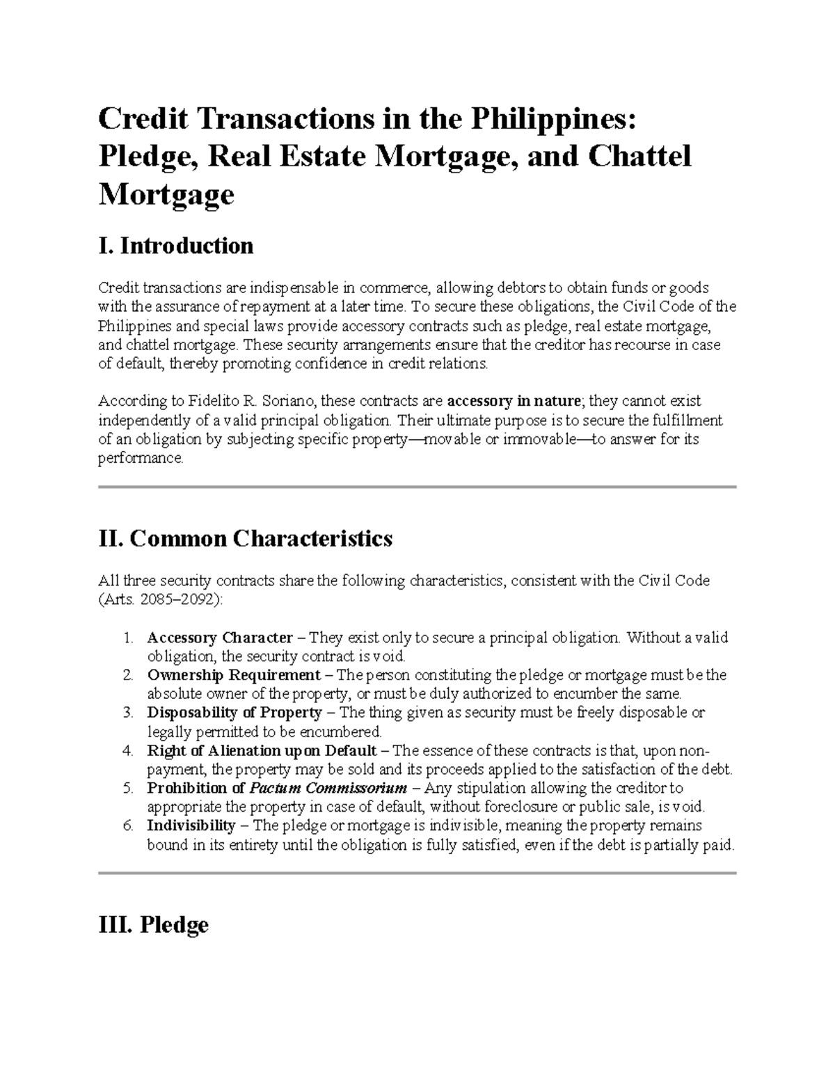 Credit Transactions in the Philippines: Pledge, Mortgage, and Security ...