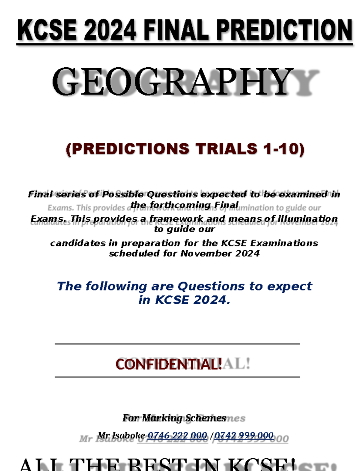 KCSE 2024 GEOGRAPHY FINAL PREDICTION QUESTIONS & MARKING SCHEMES - Studocu