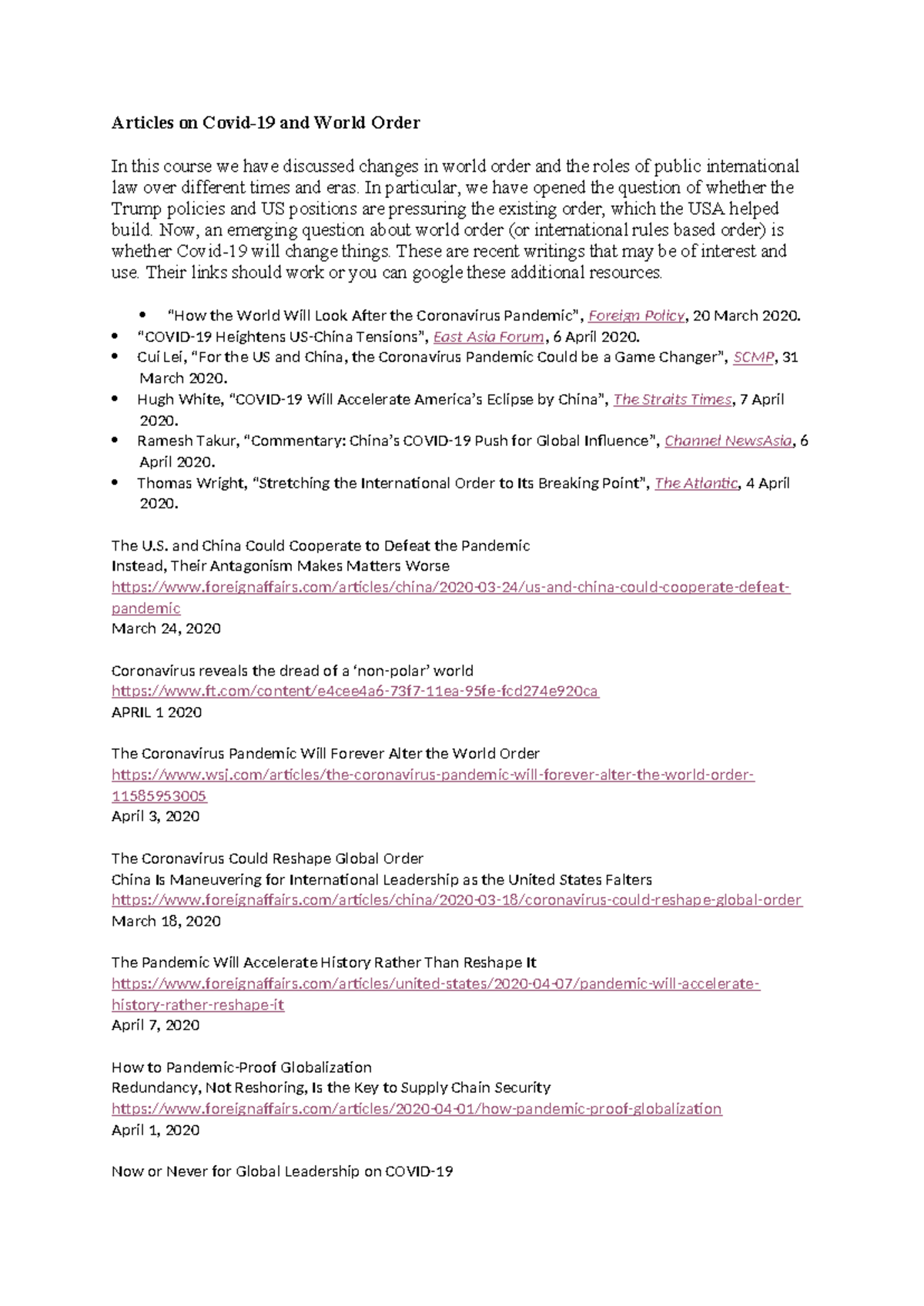 Covid-19 and World Order: Articles and Insights (PIL) - Studocu