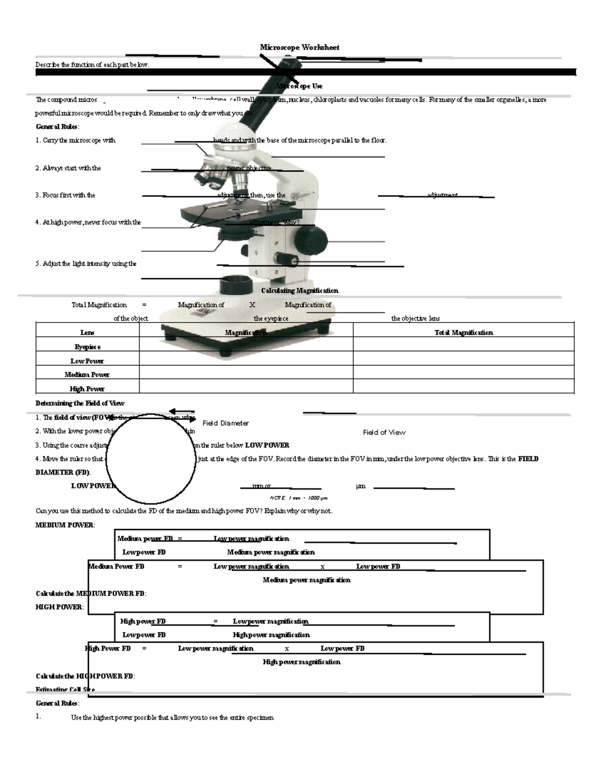 Microscope Worksheet: Functions & Calculations (1- CALC PRAC) - Studocu