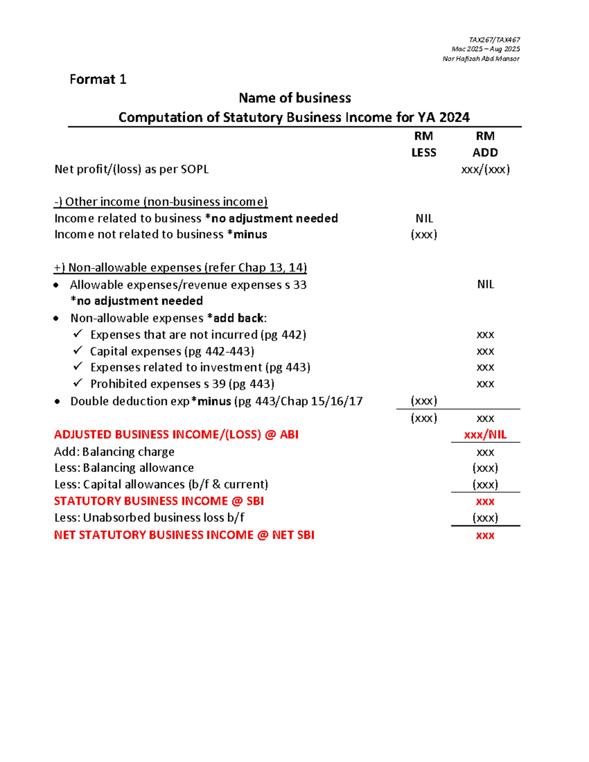 TAX267/TAX467: Business Income Computation Format for YA 2024 - Studocu