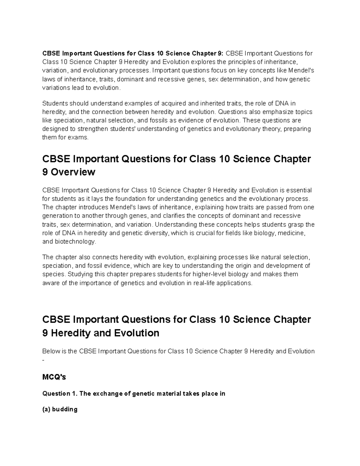 CBSE Important Questions for Class 10 Science Chapter 9: Heredity ...