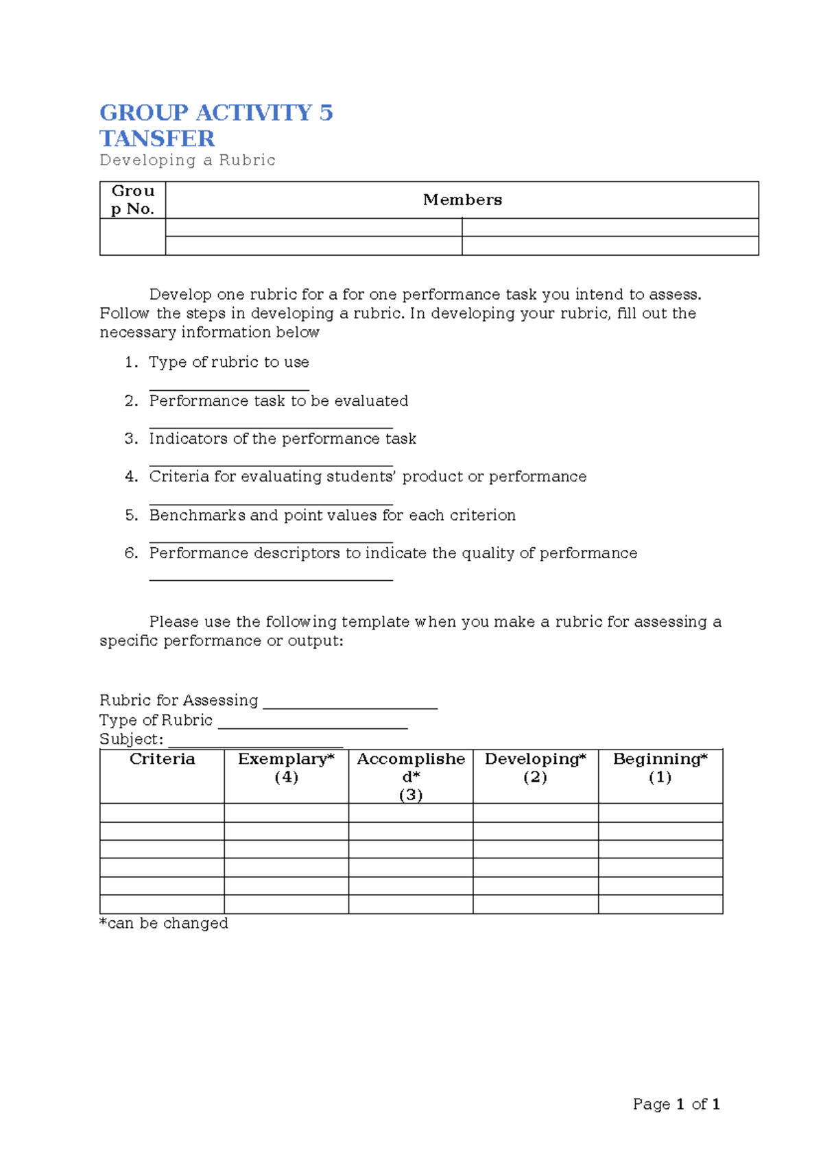 Activity 5 - Developing a Rubric - GROUP ACTIVITY 5 TANSFER Developing ...