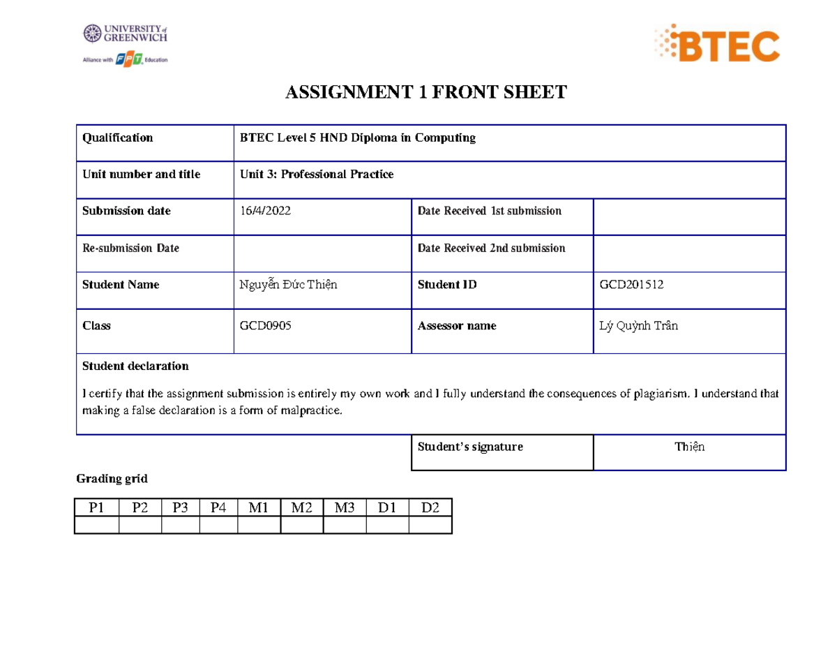 Unit 3: Professional Practice - Assignment 1 Submission Notes - Studocu