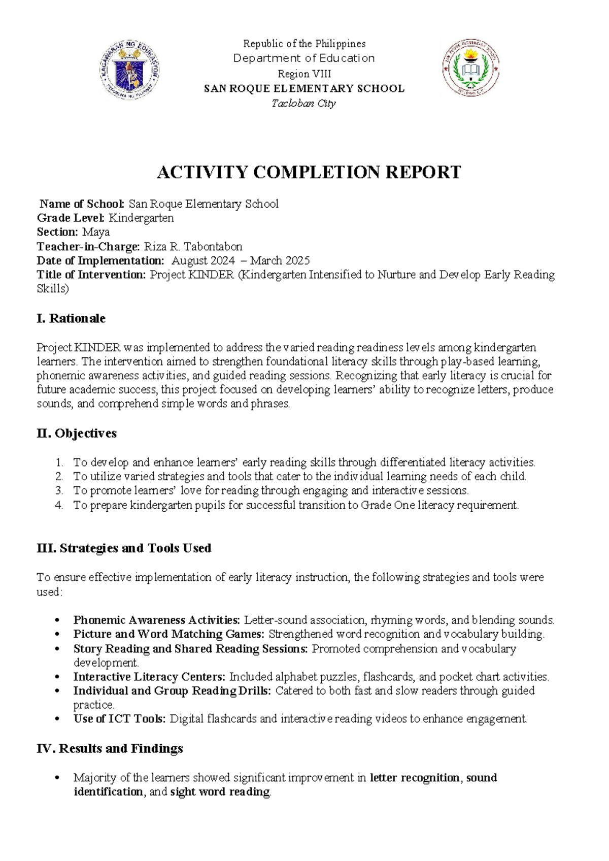 ACR: Project KINDER Reading Intervention Report (KINDER 2024-2025 ...