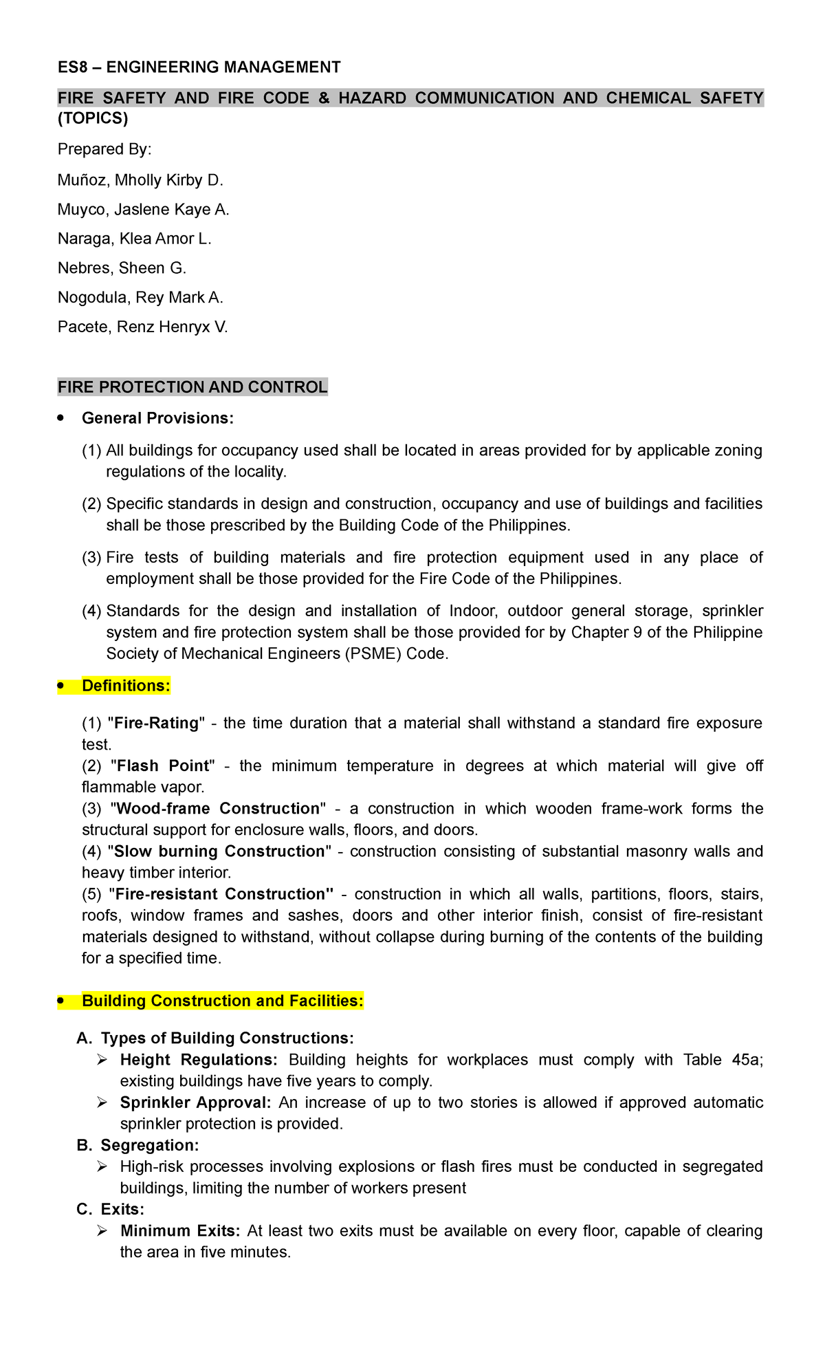 Fire Safety and Fire Code Hazard Communication and Chemical Safety ...