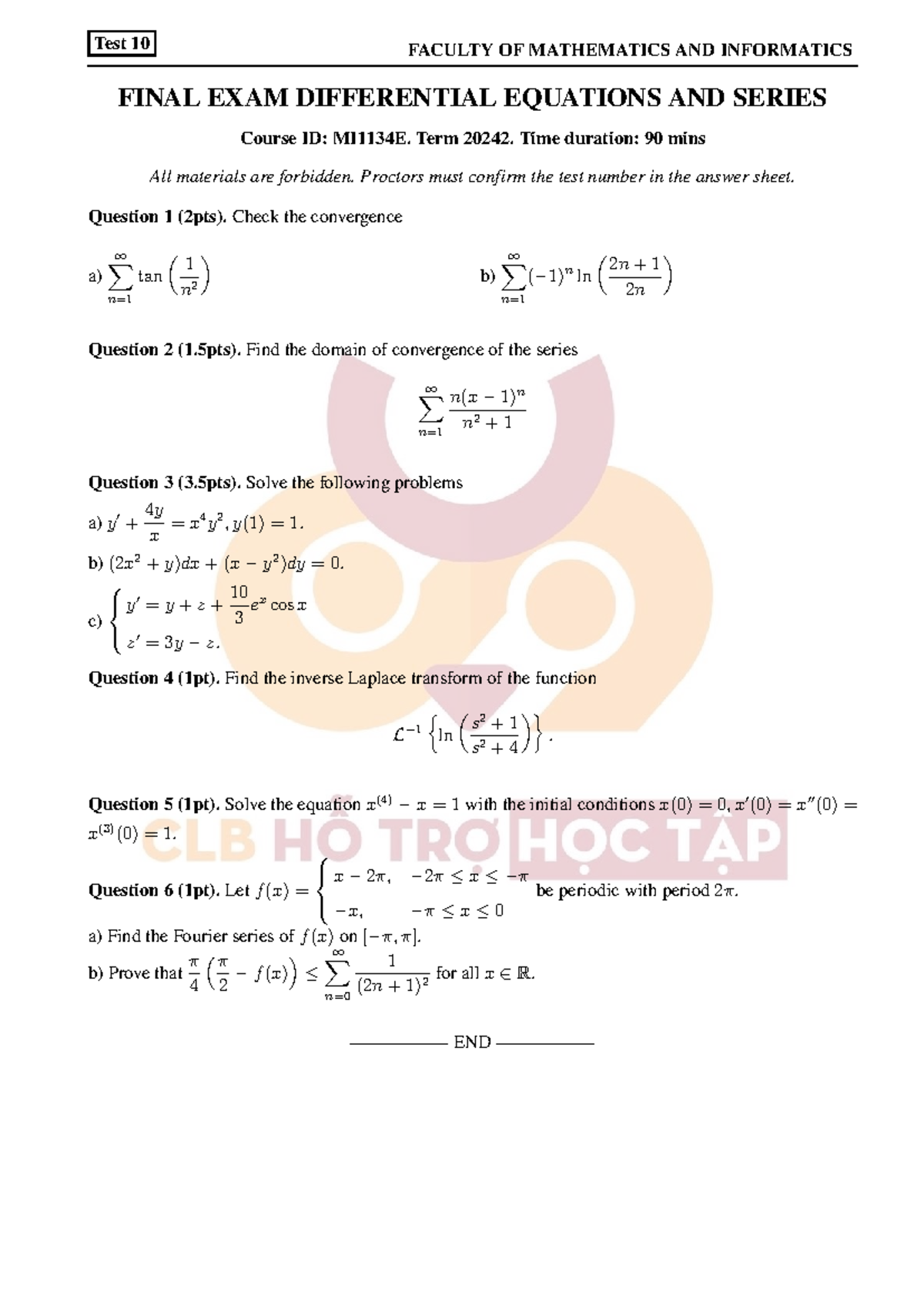 Test 10 MI1134E Final Exam: Differential Equations & Series Solutions ...