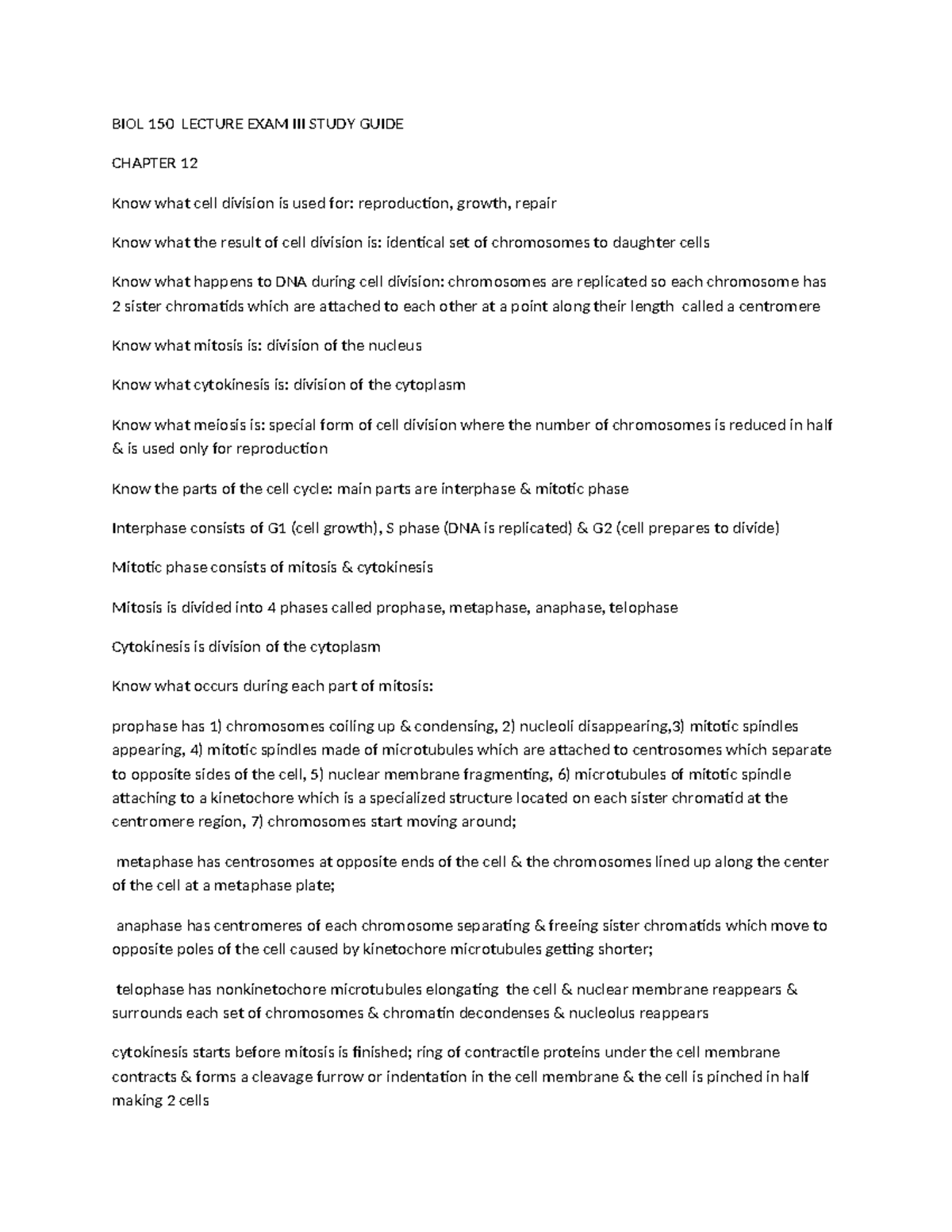 BIOL 150 LECTURE EXAM III STUDY GUIDE: Cell Division & Genetics - BIOL ...