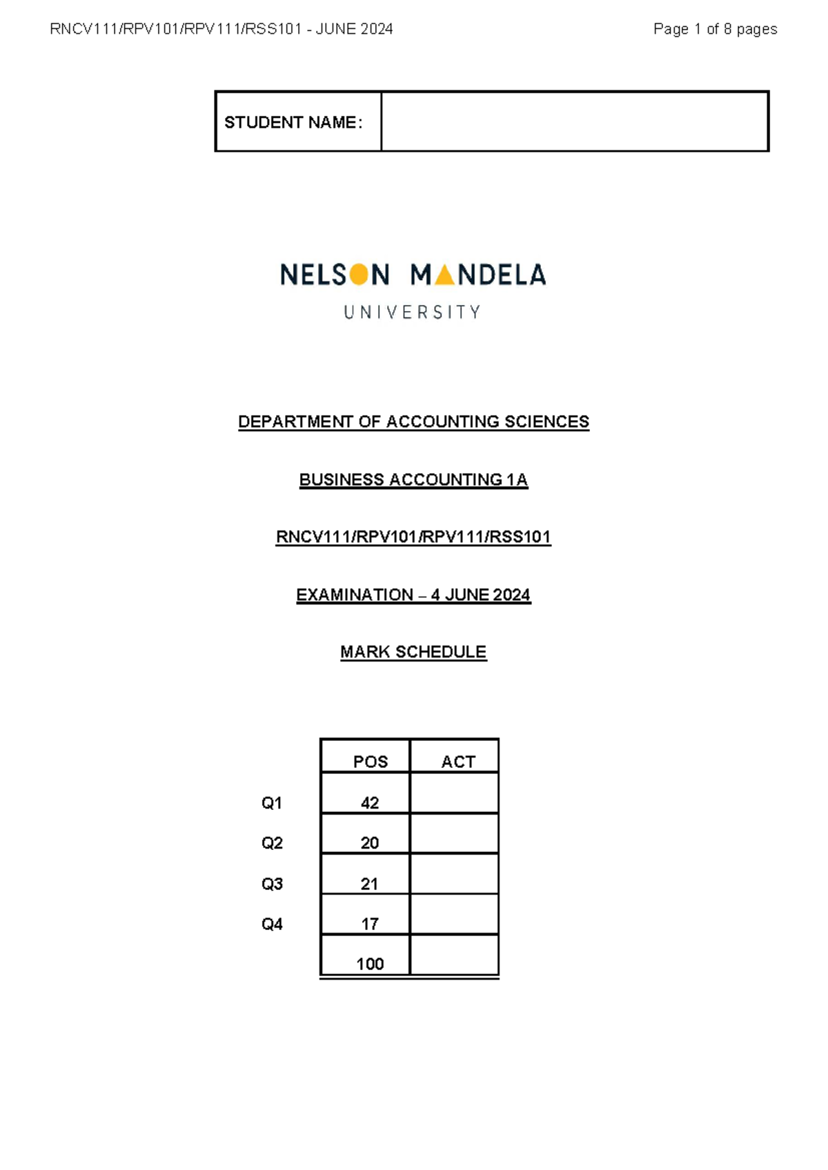 RNCV111 RPV101 RPV111 RSS101 JUNE 2024 Exam Solutions and Marking Guide ...