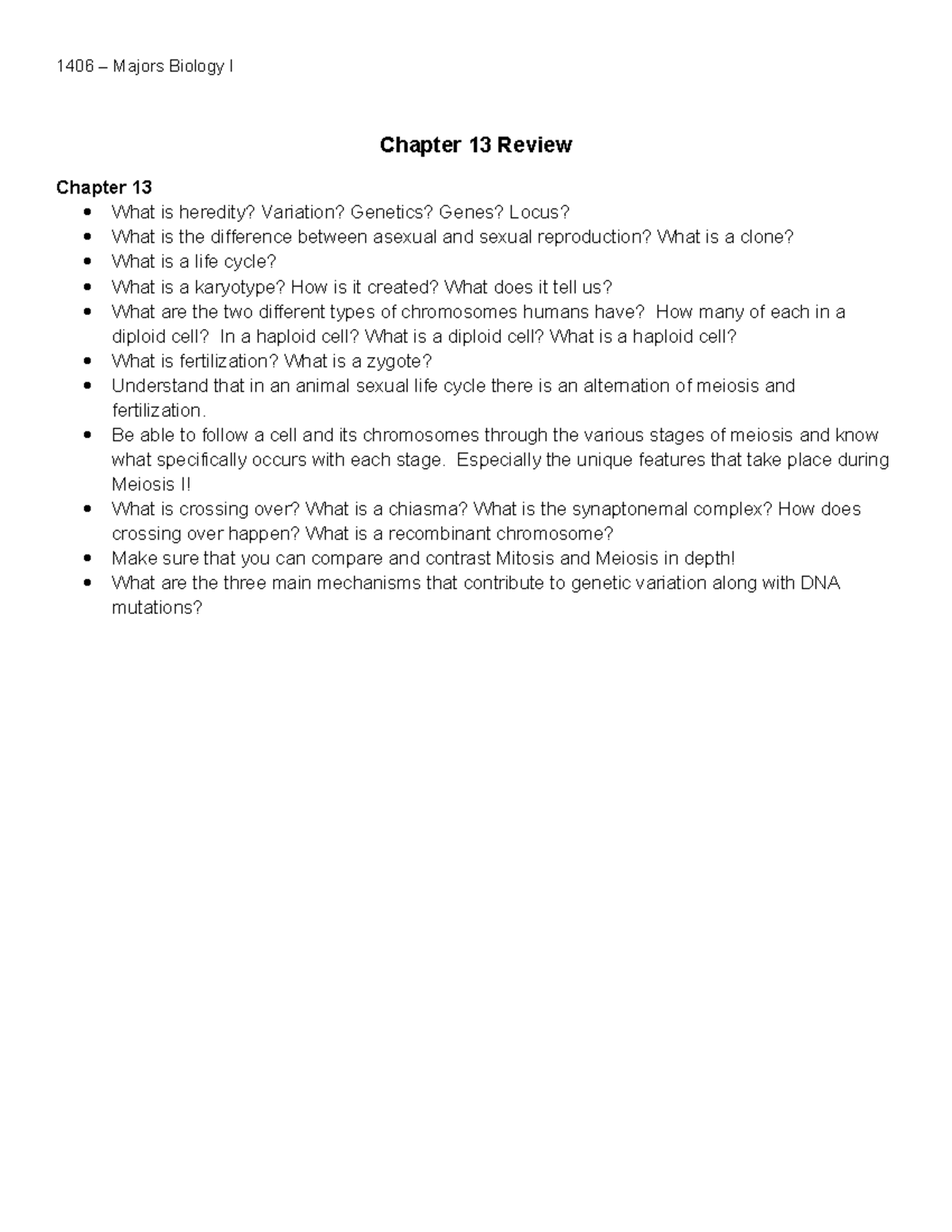 1406 Biology I Chapter 13 Review: Heredity, Genetics, and Reproduction ...