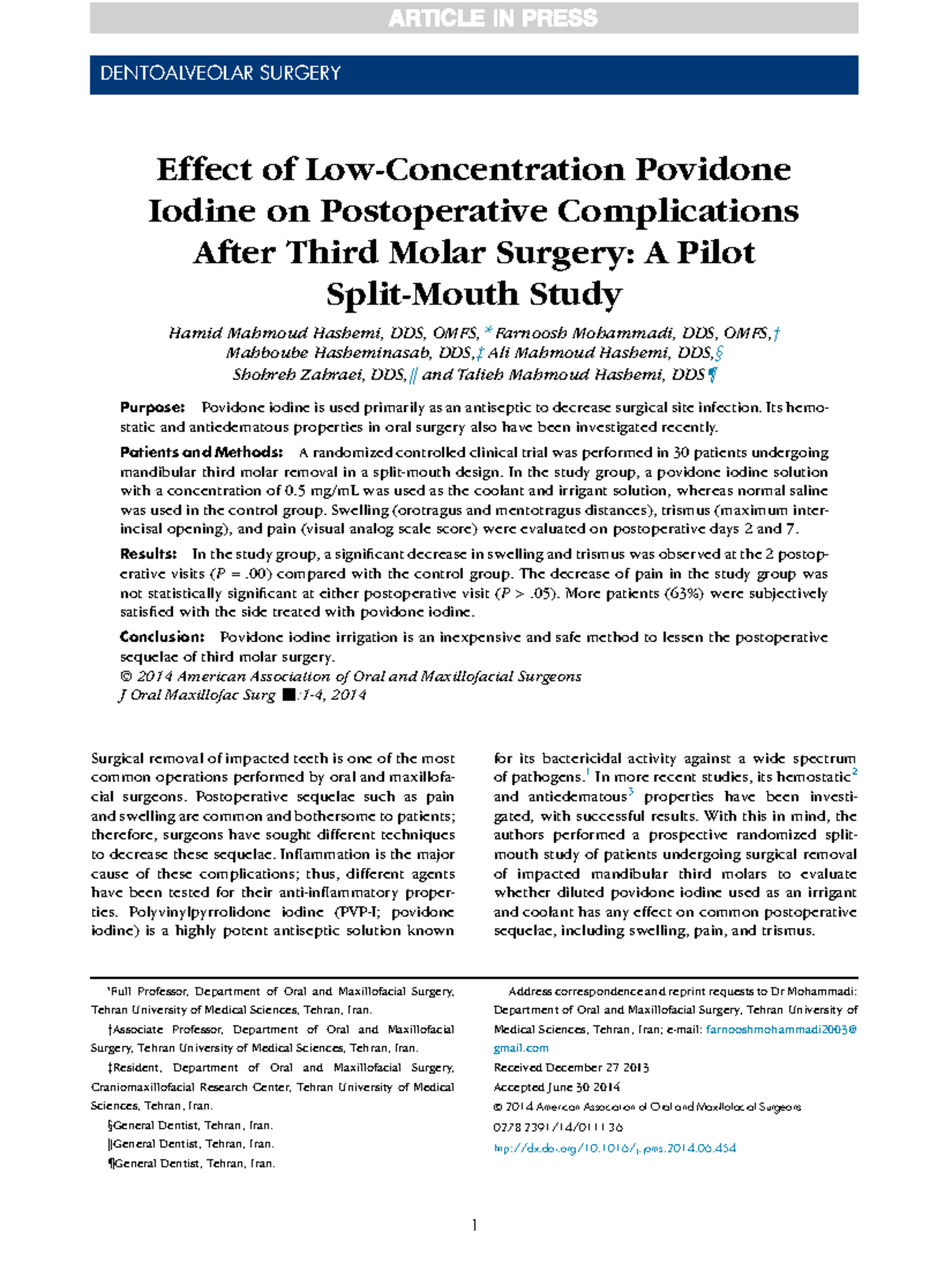 Effect of Povidone Iodine on Postoperative Outcomes in Third Molar ...