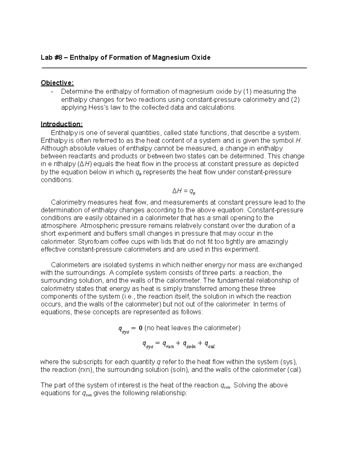 Lab #8: Enthalpy of Formation of Magnesium Oxide (MgO) - Studocu