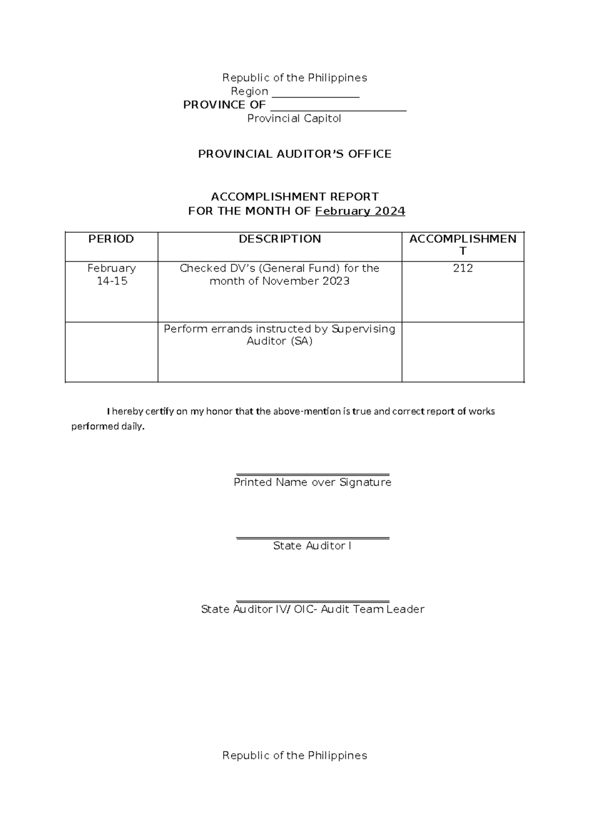 COA Provincial Accomplishment Report: Feb-Apr 2024 Summary - Studocu