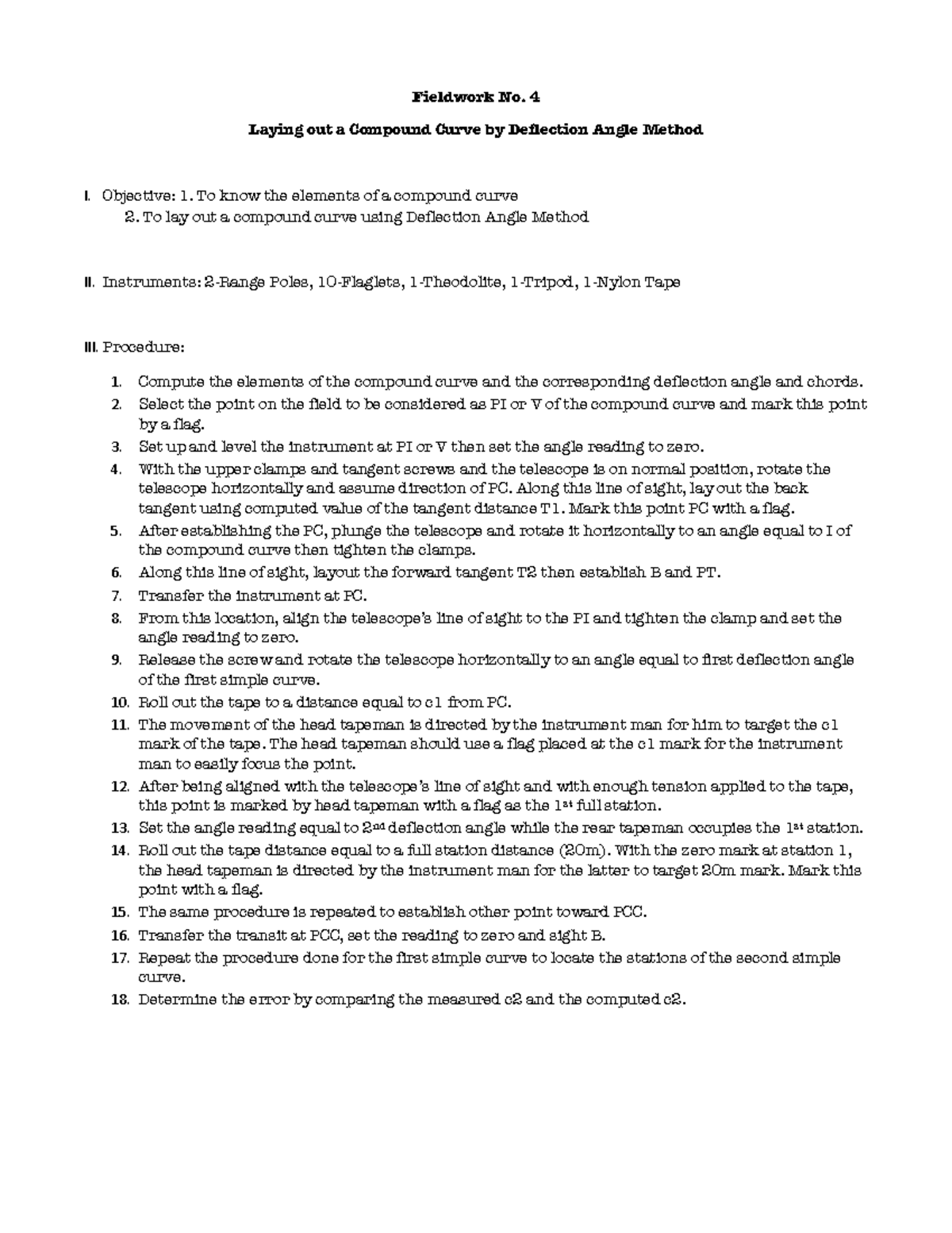 Fieldwork NO. 4 - Laying out a Compound Curve by Deflection Angle ...
