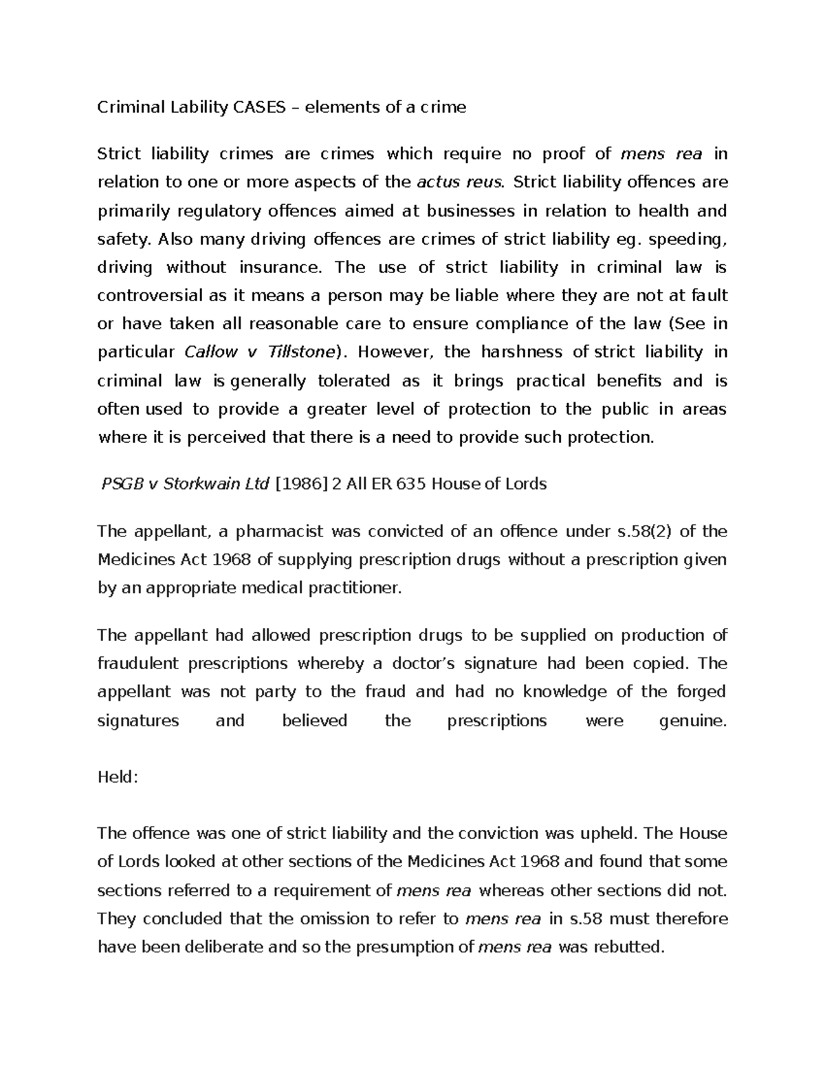 Criminal Liability Cases: Strict Liability and Key Legal Principles ...