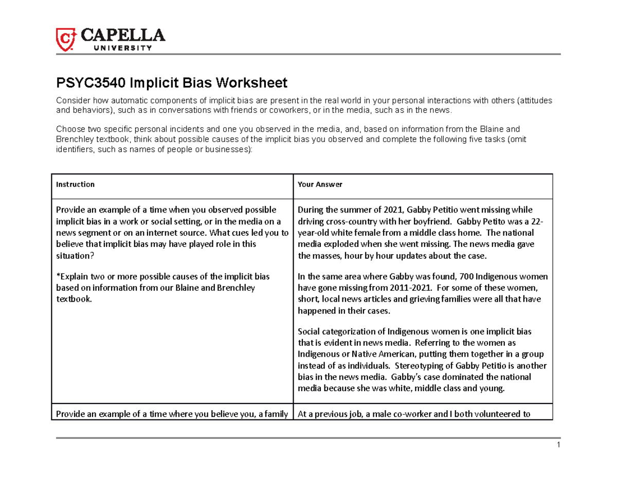 Wk5 worksheet - PSYC3540 Implicit Bias Worksheet Consider how automatic ...