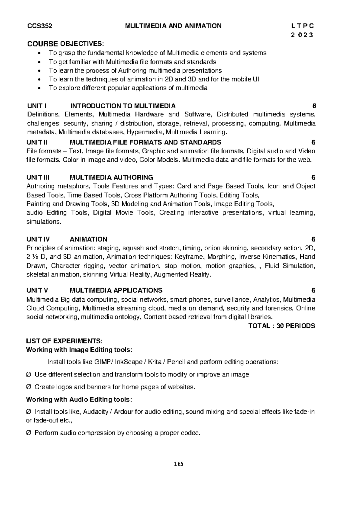 CCS352 - Multimedia and Animation Course Syllabus and Objectives - Studocu