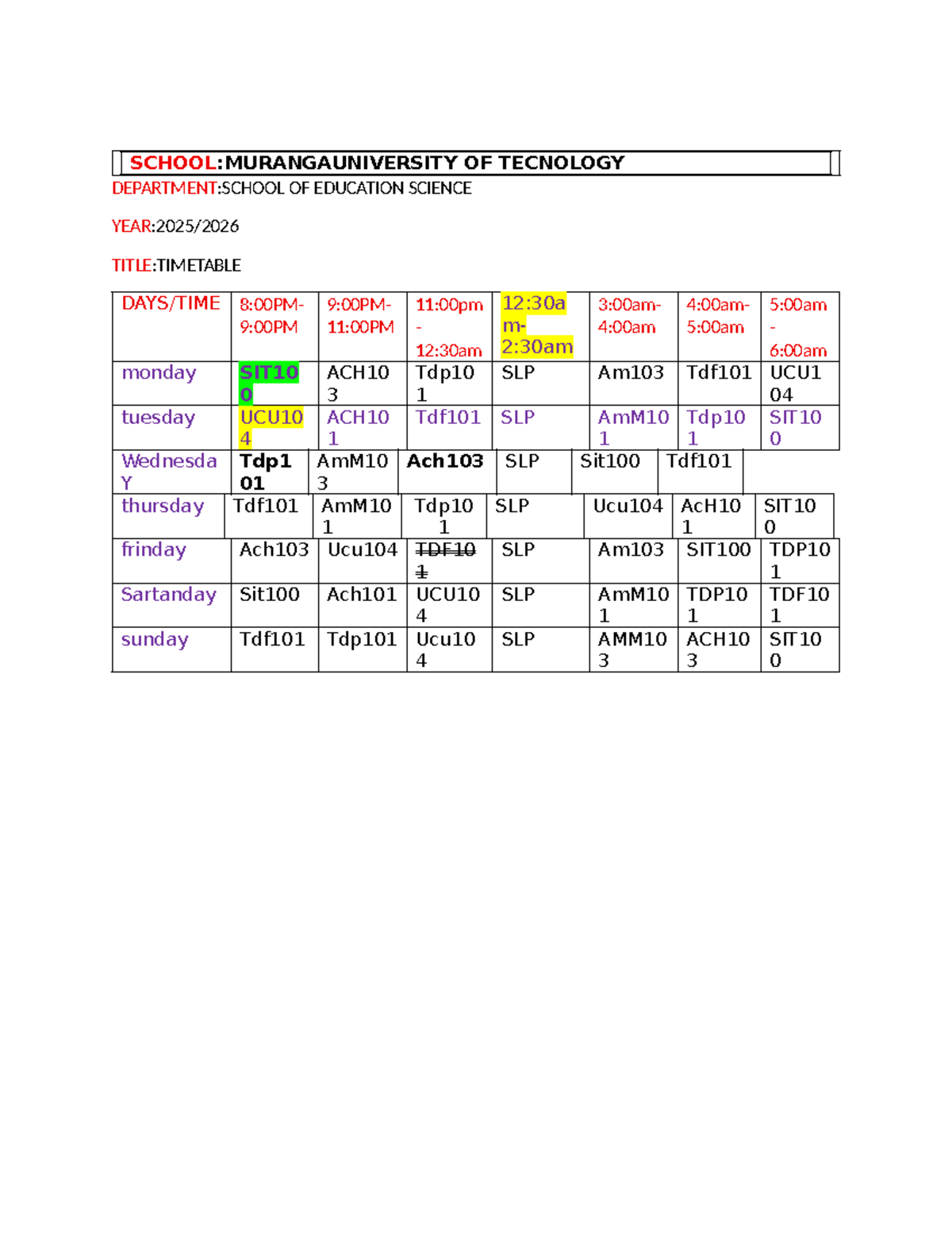 MY Timetable - NOTES - SCHOOL:MURANGAUNIVERSITY OF TECNOLOGY DEPARTMENT ...