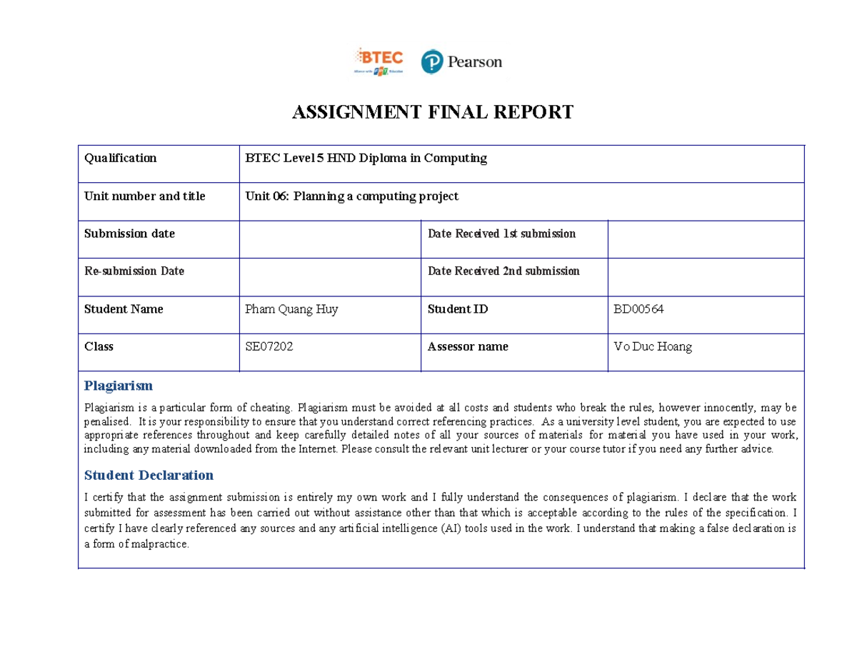 P1 Pham Quang Huy BD 00564 Planning - ASSIGNMENT FINAL REPORT ...