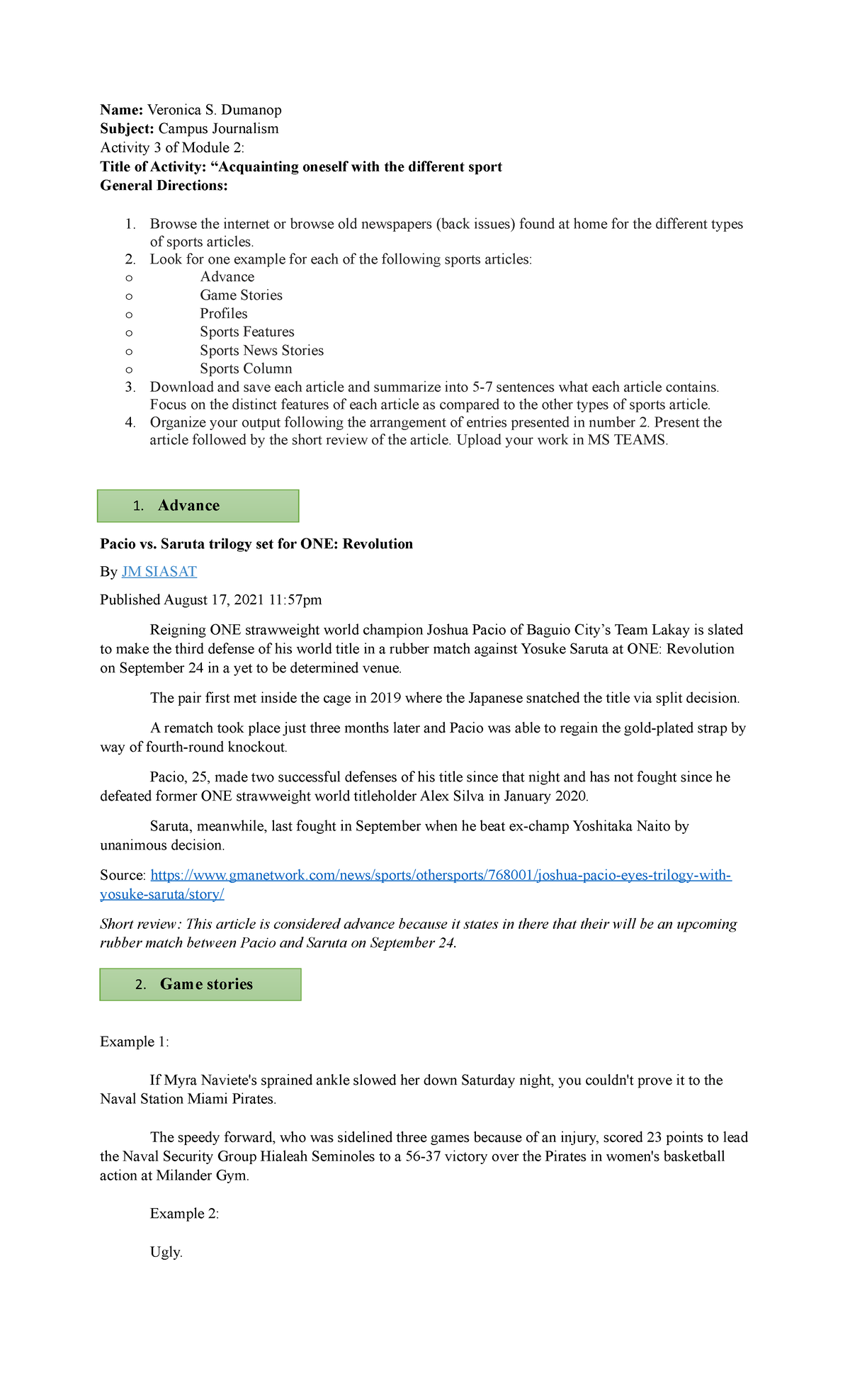 Examples of Sports Articles - Name: Veronica S. Dumanop Subject: Campus ...