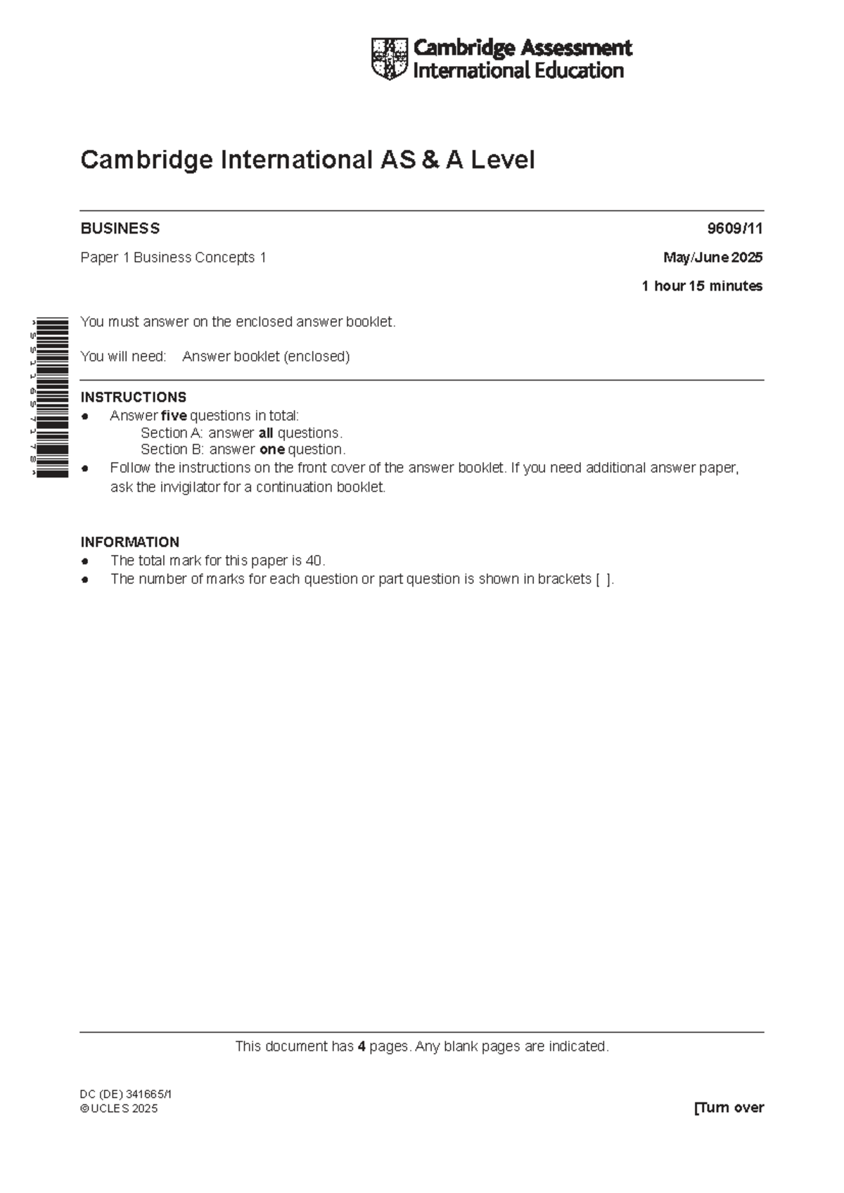 Cambridge International AS A Level BUSINESS Paper 1 Concepts 2025 - Studocu