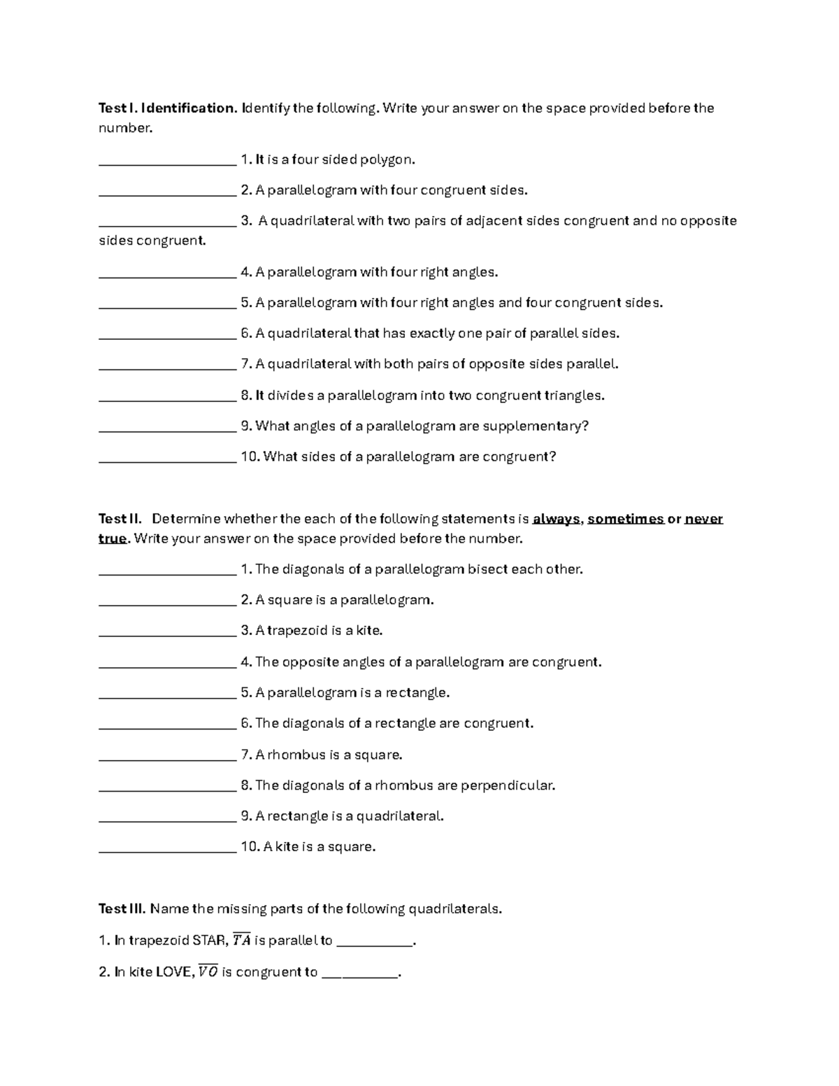 Math 9 - Geometry Quiz: Identification & True/False Questions - Studocu