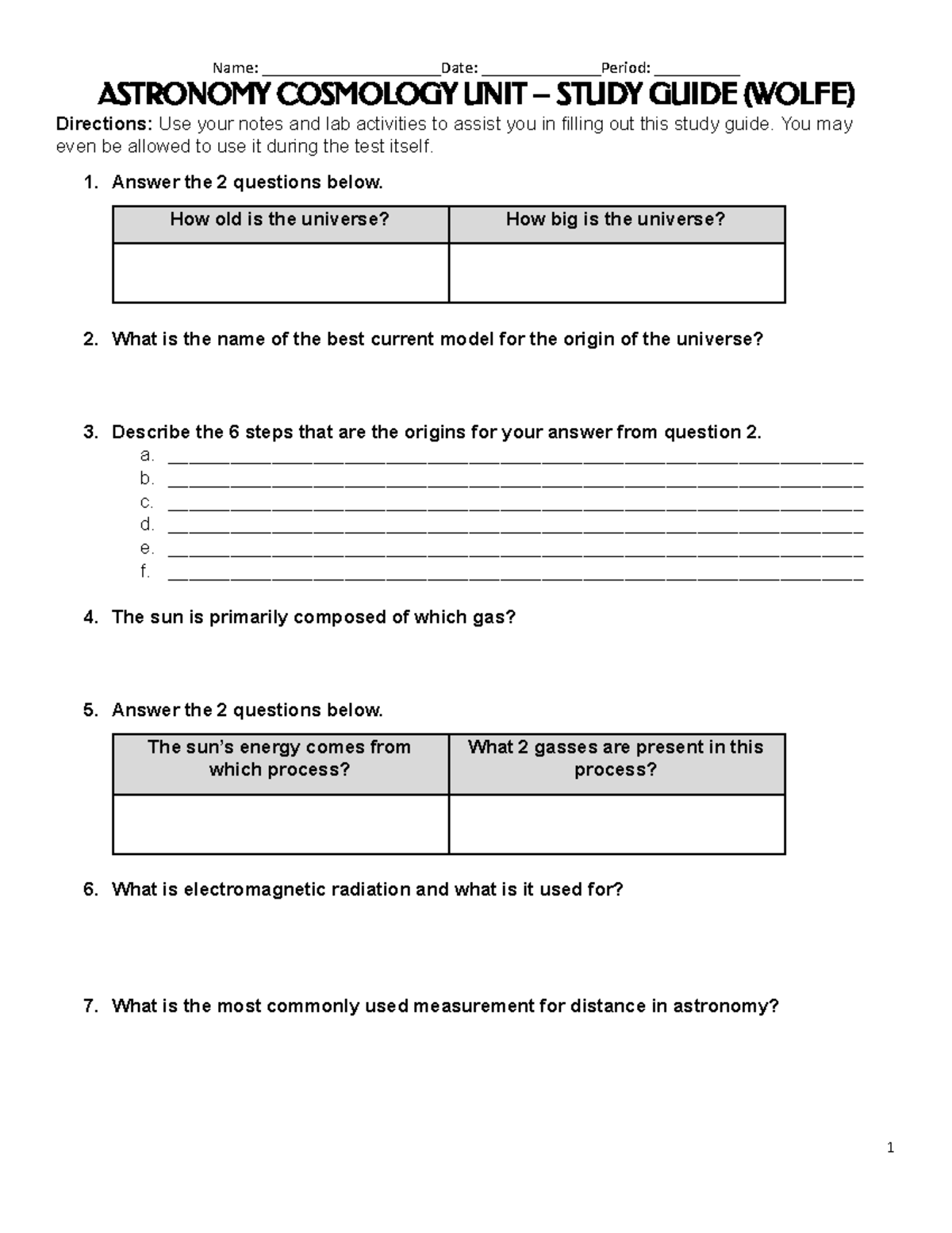 Cosmology Unit Study Guide - ASTRONOMY COSMOLOGY UNIT – STUDY GUIDE ...