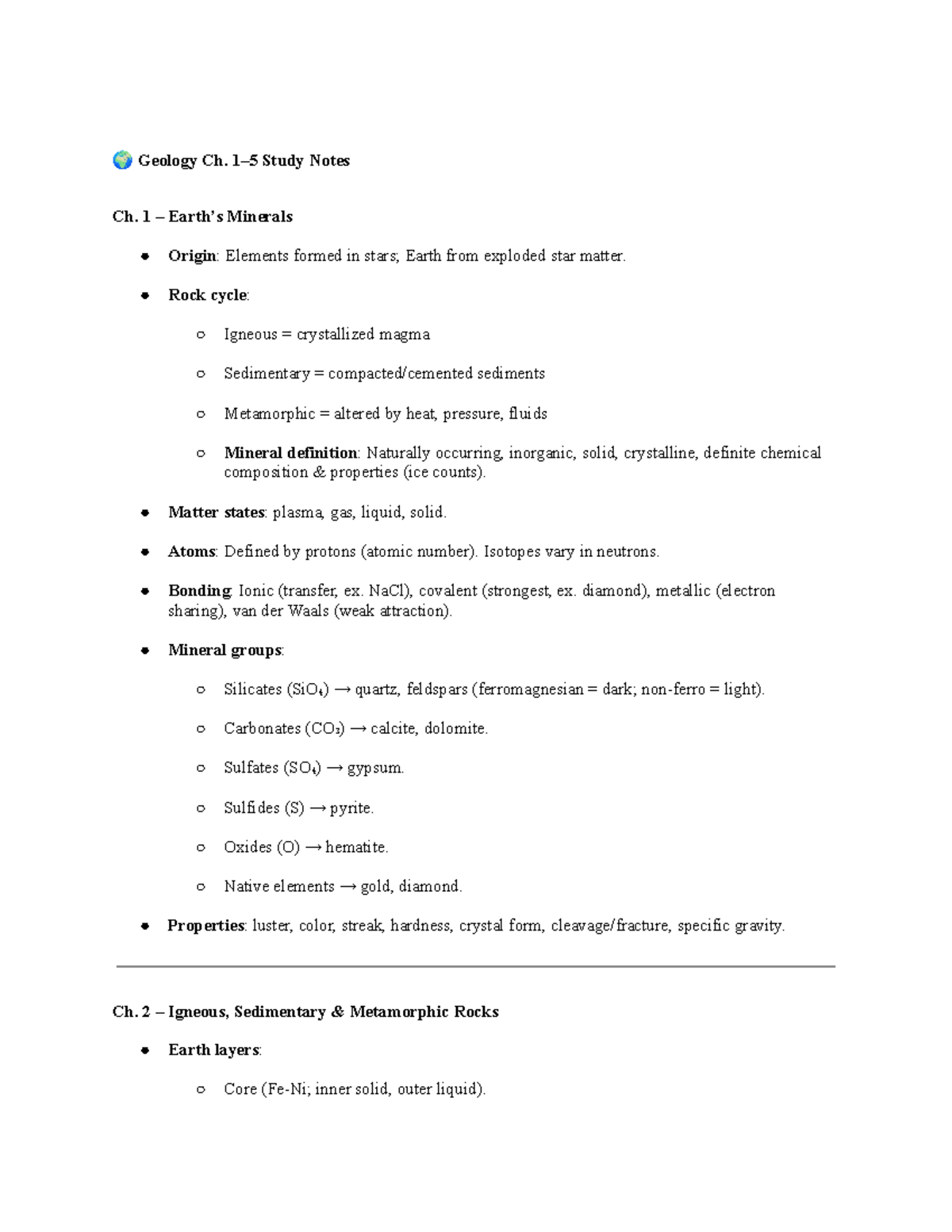 Geology Study Notes: Ch. 1-5 Overview & Key Concepts - Studocu