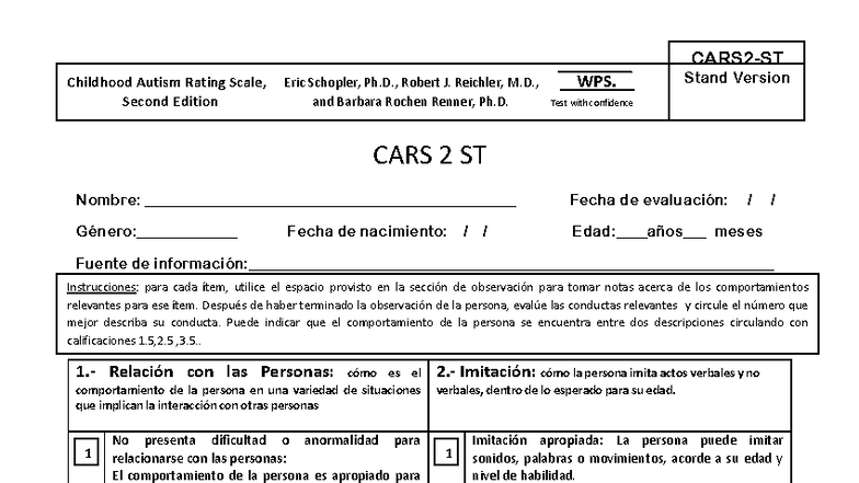 Escala CARS 2 ST: Evaluación del Autismo Infantil - Studocu