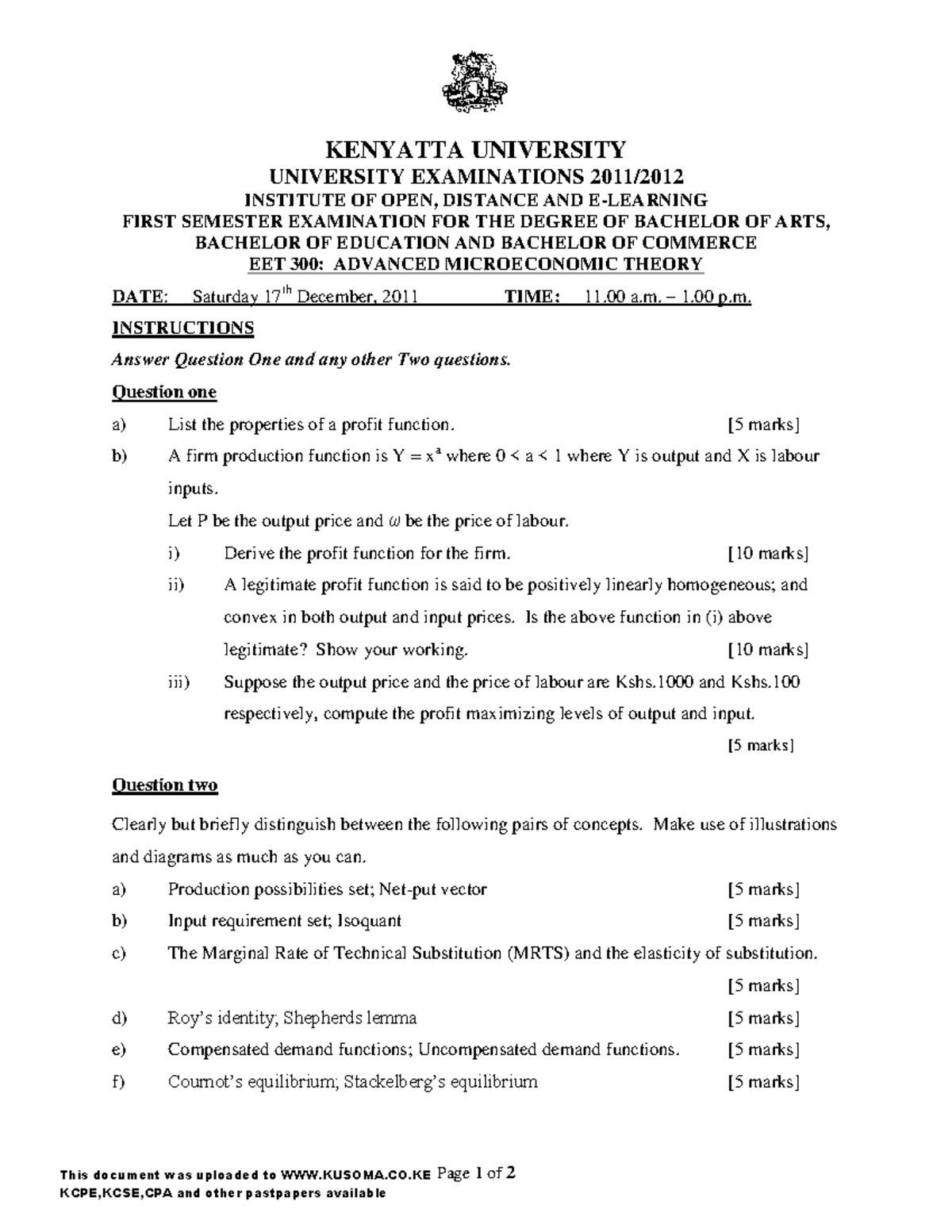 EET 300: Advanced Microeconomic Theory Exam Paper - Dec 2011 - Studocu