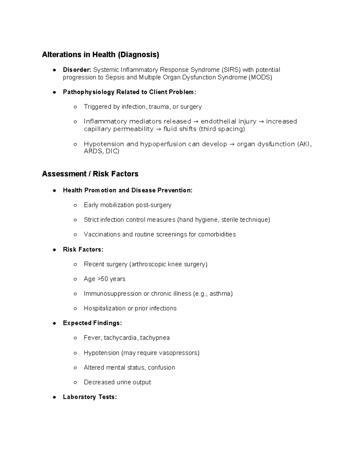 SIRS and Sepsis: Pathophysiology, Assessment, and Care Strategies - Studocu