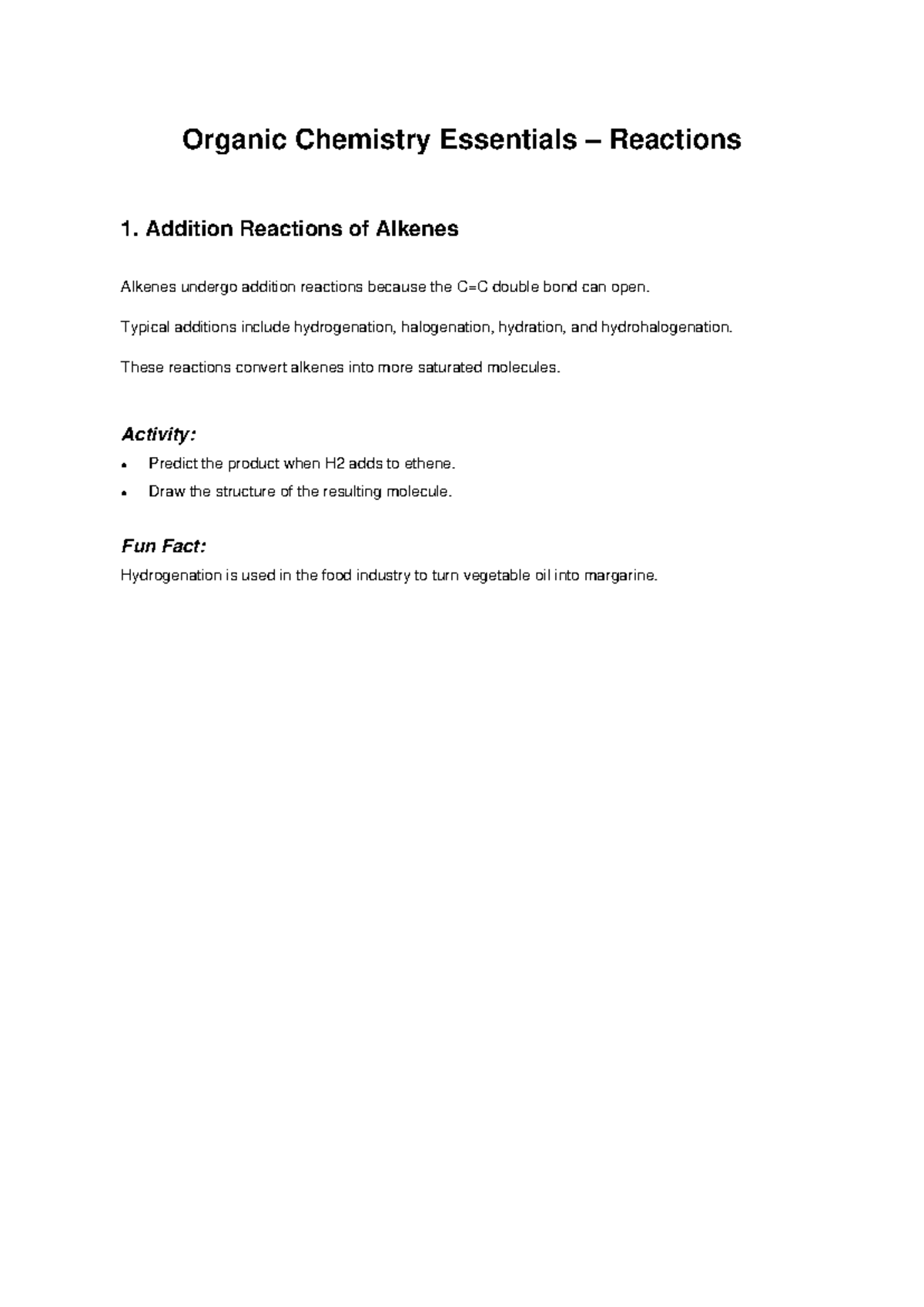 Organic Chemistry Essentials 2: Addition Reactions of Alkenes - Studocu