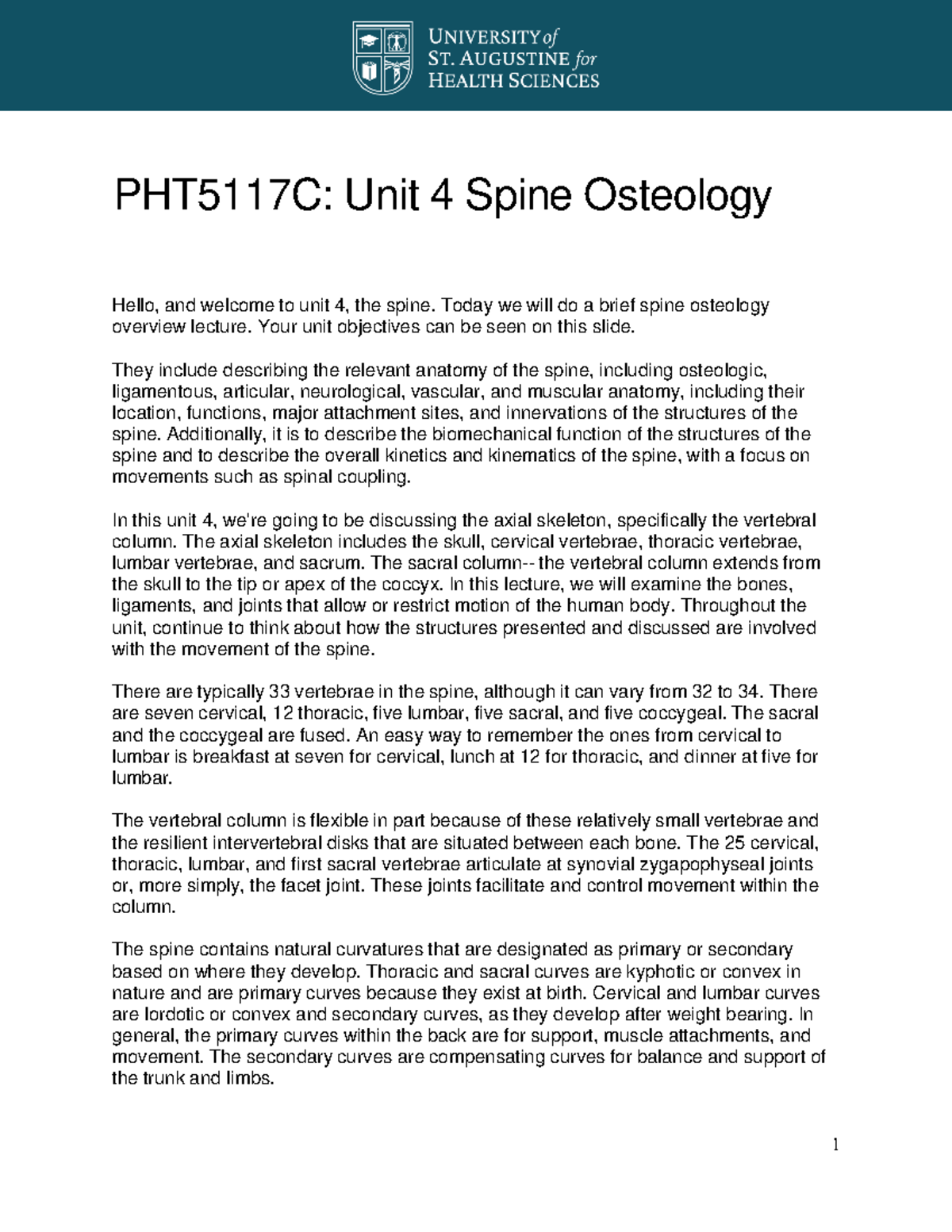 PHT5117C: Unit 4 Lecture Notes on Spine Osteology and Anatomy - Studocu