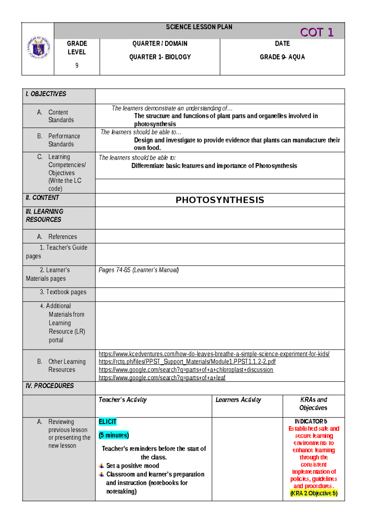 COT 1 Biology Lesson Plan: Understanding Photosynthesis for 9th Grade ...