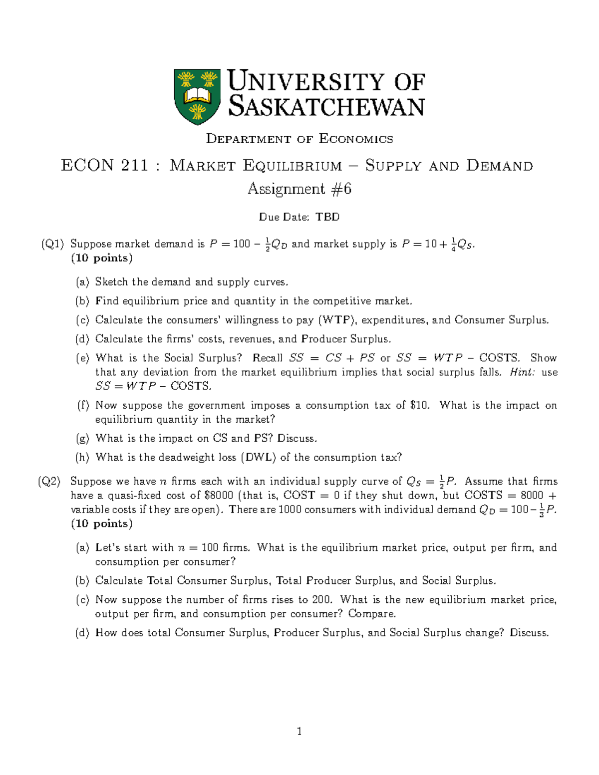 ECON 211: Market Equilibrium Analysis & Supply-Demand Assignment - Studocu