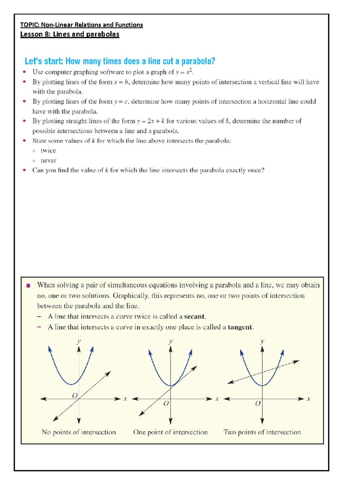 Lesson 8 - Lines and parabolas - TOPIC: Non-Linear Relations and ...