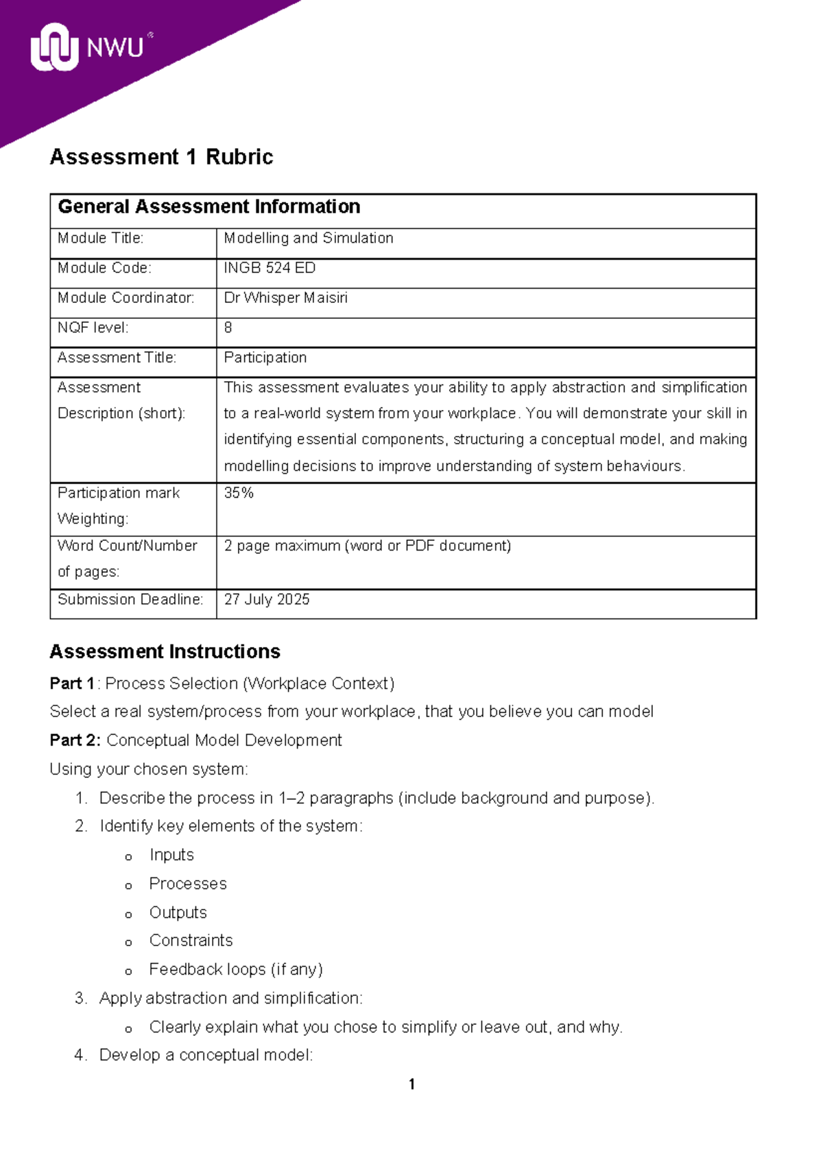 Assessment 1 - INGB 524 Participation Rubric and Guidelines - Studocu